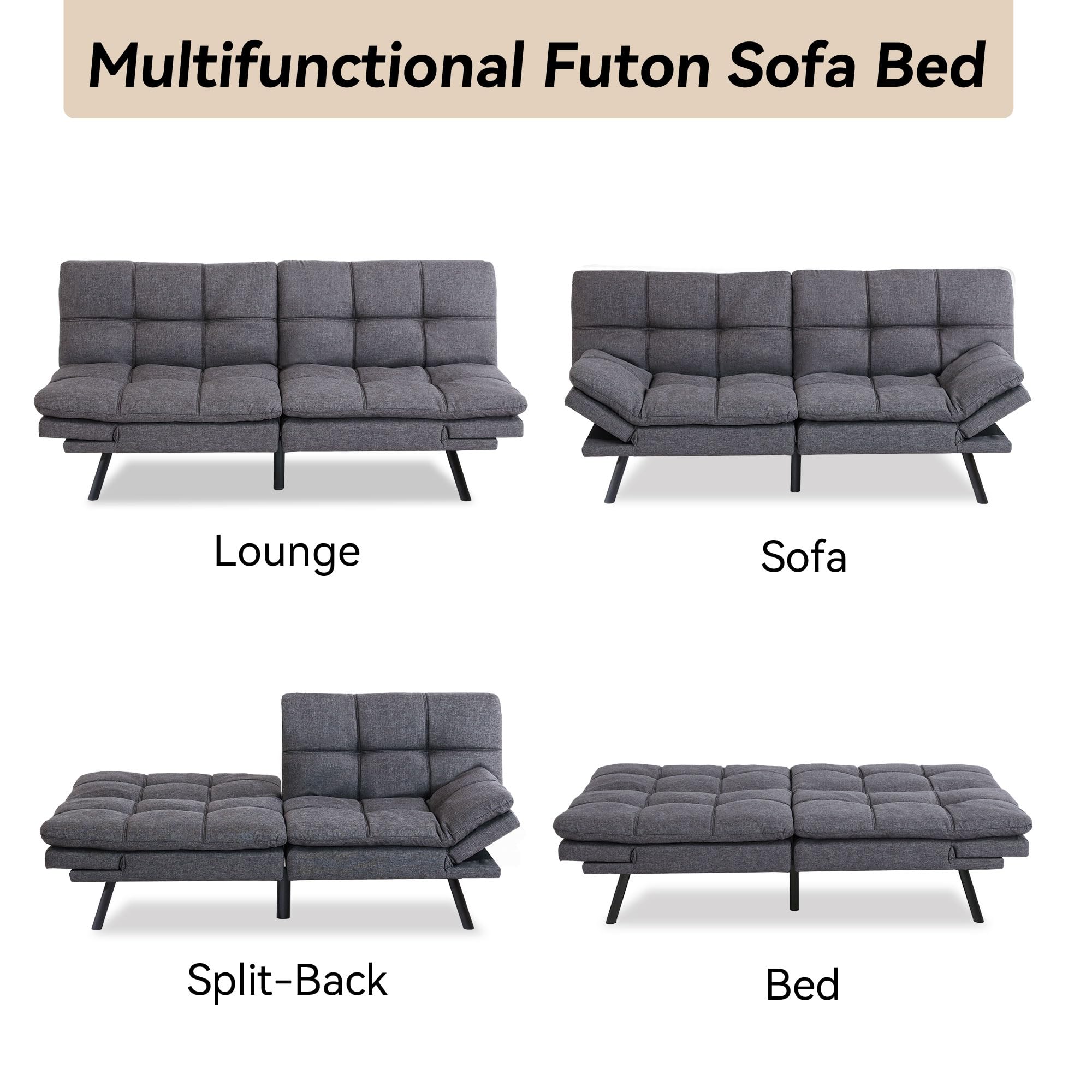 AMICLIBER Convertible Futon Sofa Bed Couch,Linen Fabric Memory Foam Futon Couch,Loveseat Sleeper Sofa Bed,Small Splitback Modern Sofa Couch for Living Room,Office,Apartment,Deep Grey
