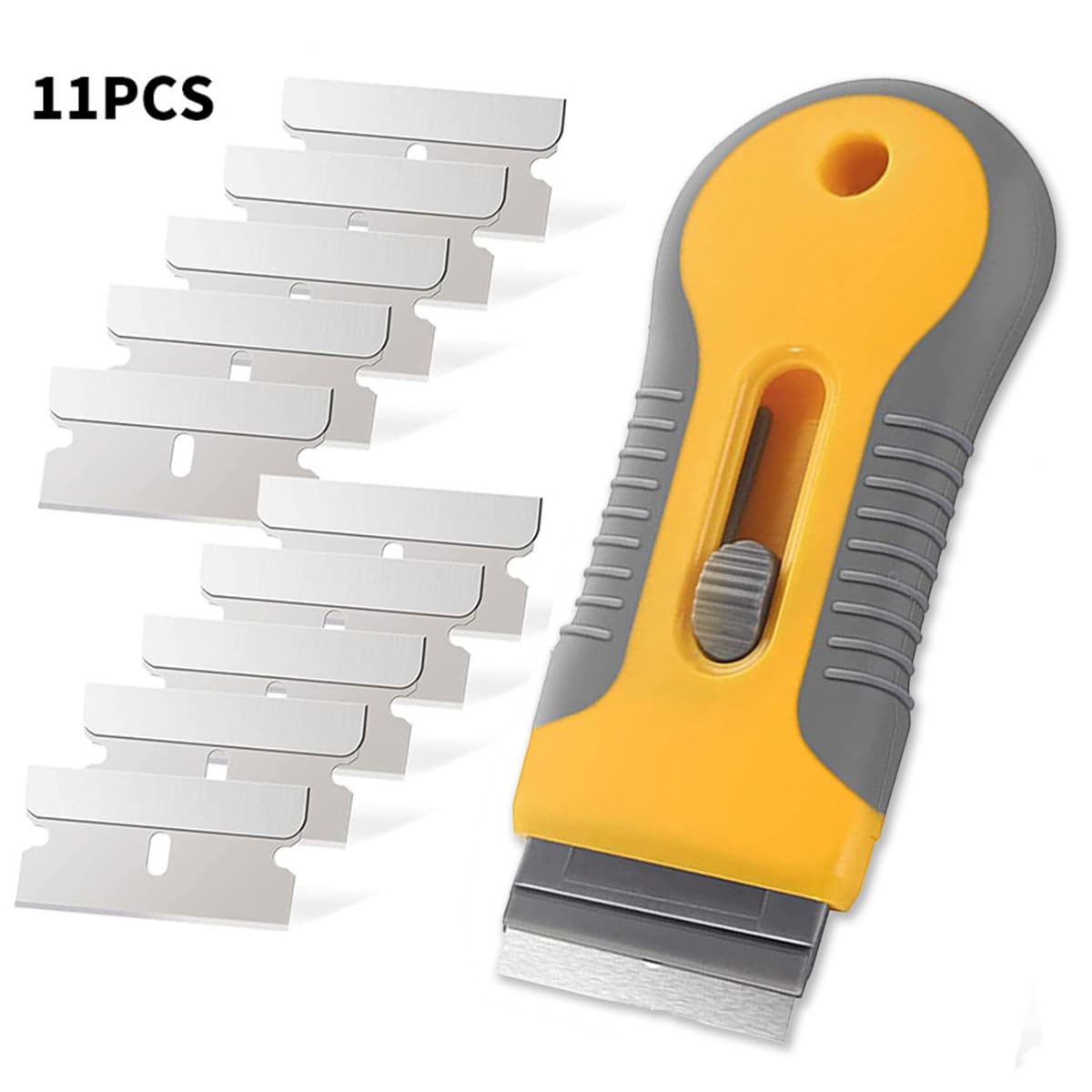PTSTEL Razor Blade Scraper with 10pcs Stainless Steel Razor Blades, Blade Scraper Tool, Cleaning Scraper Tool for Removing Labels, Stickers, Decals (Yellow)
