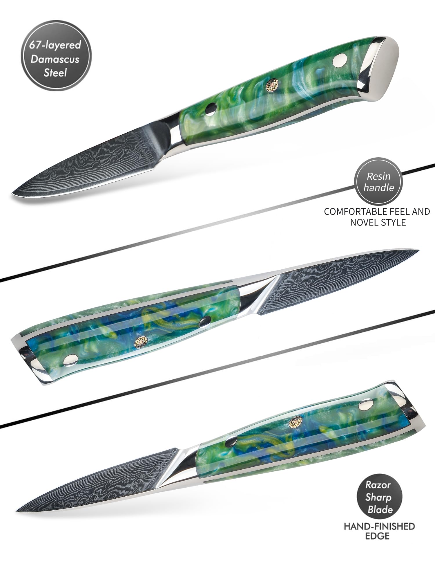 SANMUZUO 3.5 Inch Paring Knife - Kitchen Fruit Vegetable Knife Damascus Steel & Resin Handle - XUAN Series (Jade Green)