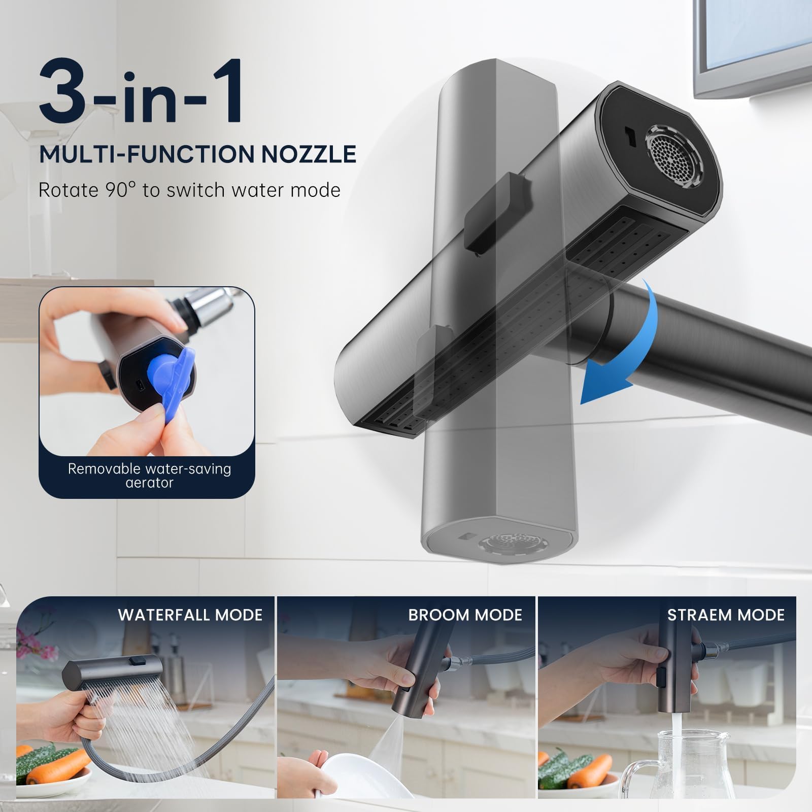 APPASO Waterfall Kitchen Faucet with Pull Down Sprayer, Black Stainless Kitchen Faucet with Sprayer 3 Modes, Gunmetal Gray Stainless Steel 360° Swivel Kitchen Sink Faucet, Single Handle Kitchen Faucet