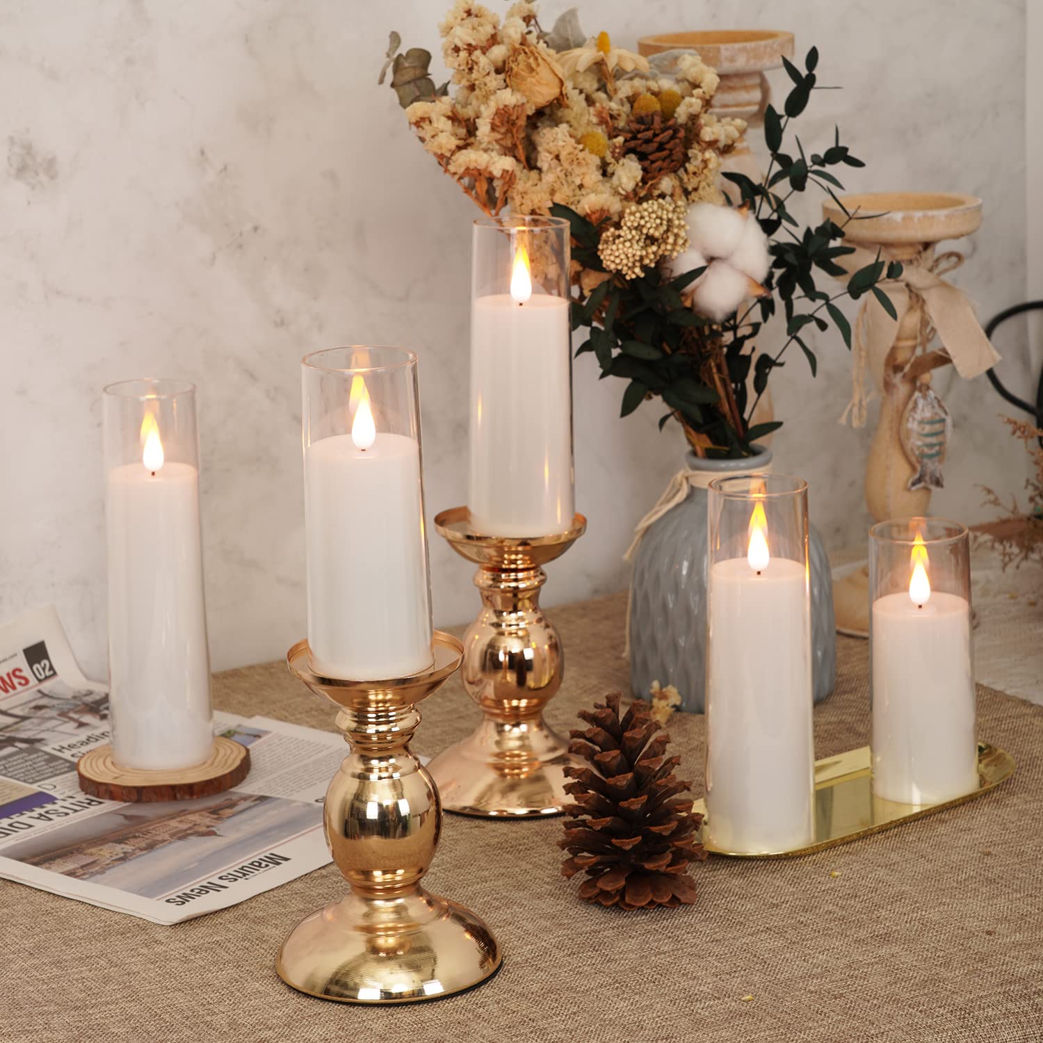 Amagic Pure White Flameless Candles, Battery Operated Candles, Flickering LED Pillar Candles with Remote Control and Timer, 3D Wick, Yellow and Blue Glow, Set of 5