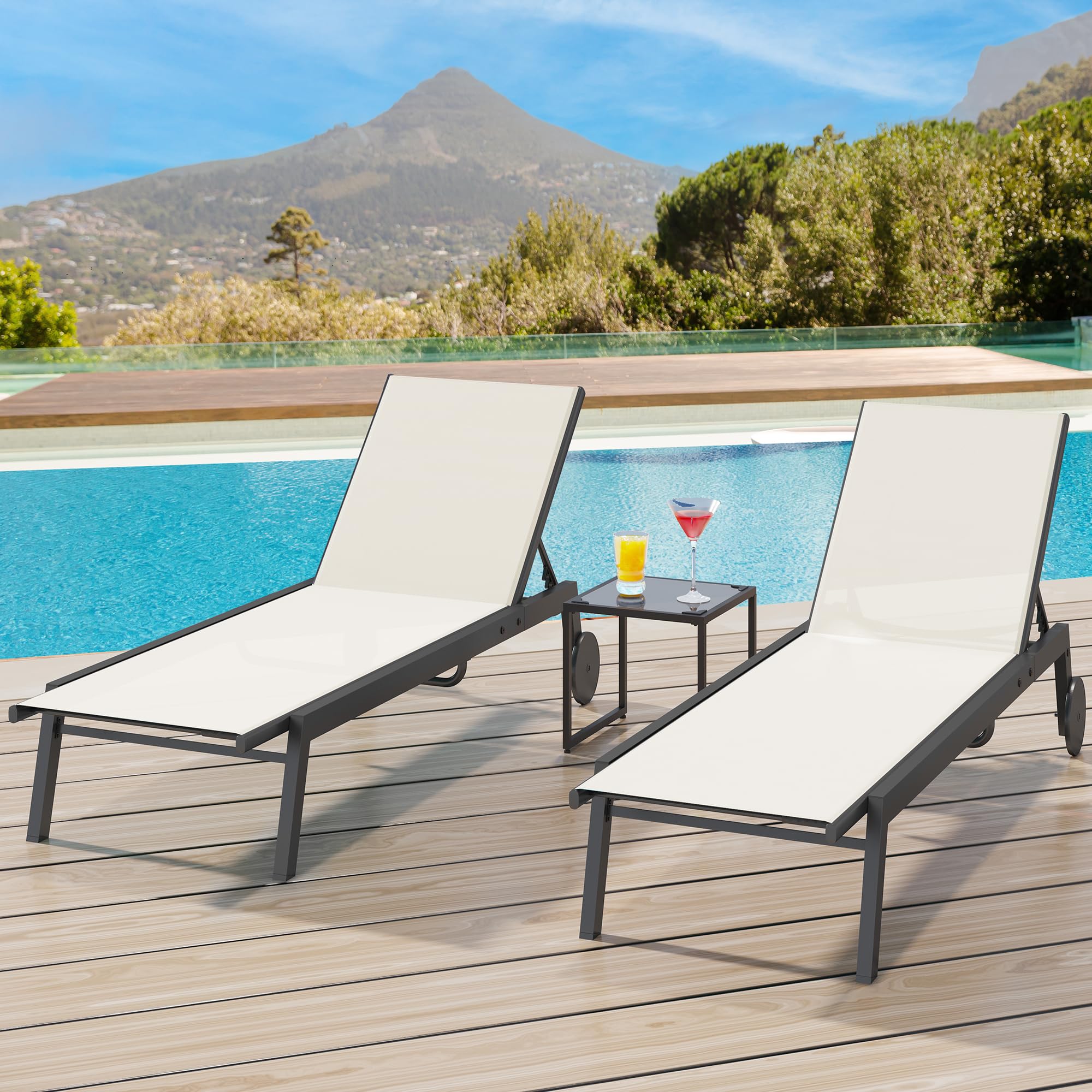 YITAHOME Outdoor Chaise Lounge Chairs Set with Side Table, Adjustable Backrest Poolside Loungers with Aluminum Frame/Textile Fabric/Wheels for Pool Beach Patio Lawn Porch (Beige)