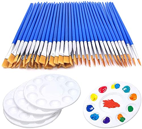 65Pcs Paint Brushes Tray Palettes Set,60pcs Flat Paint Brushes 5 PCS Round Paint Pallets,Small Paint Brushes Bulk Acrylic Oil Watercolor Artist Painting Brushes for Classroom Crafts Party Painting