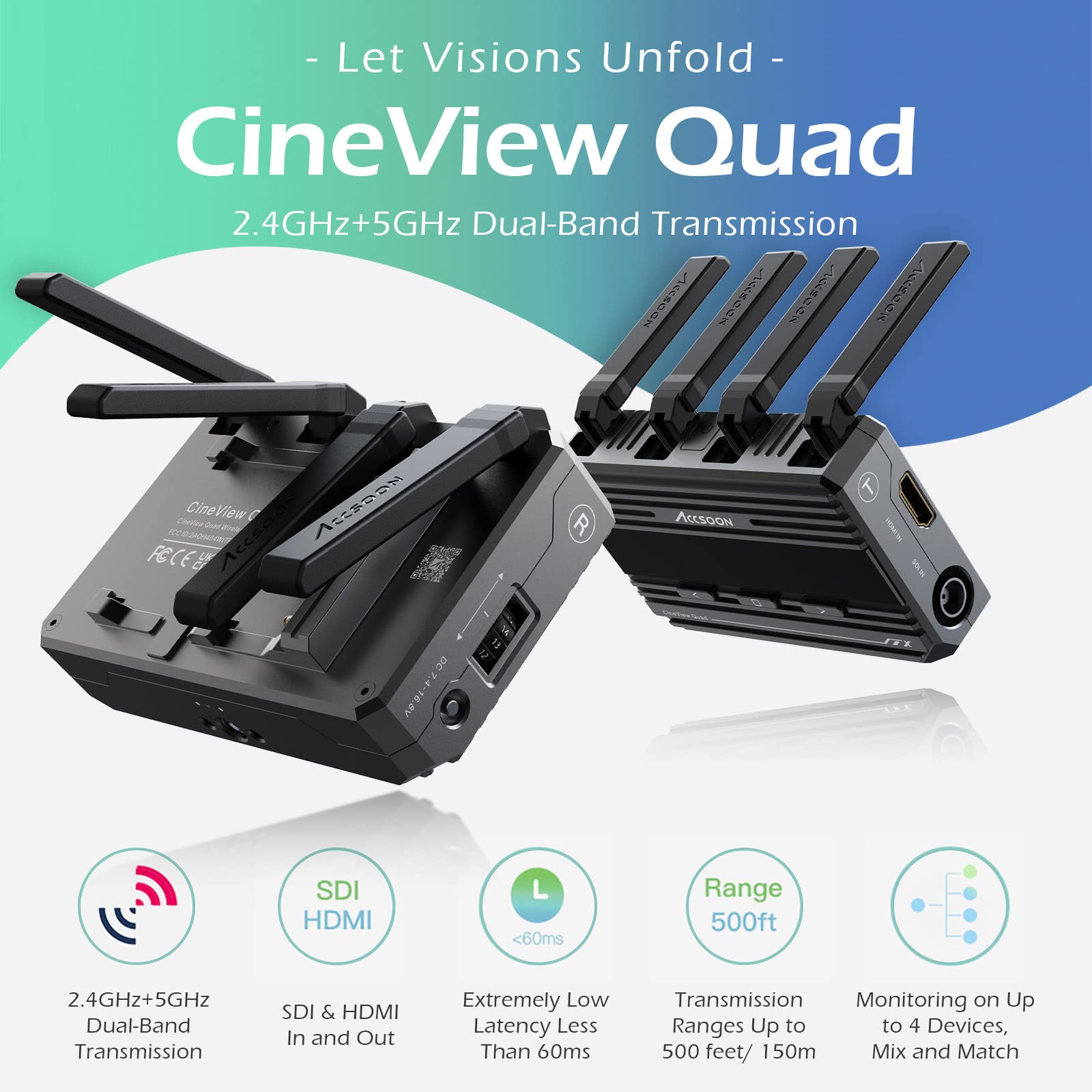 Accsoon CineView Quad Multi-Spectrum Wireless Video Transmission System 2.4GHz + 5GHz 60ms Latency 500 ft/150m Transmission Range SDI & HDMI Monitor Up to 4 iOS or Android Devices for Live-Streaming