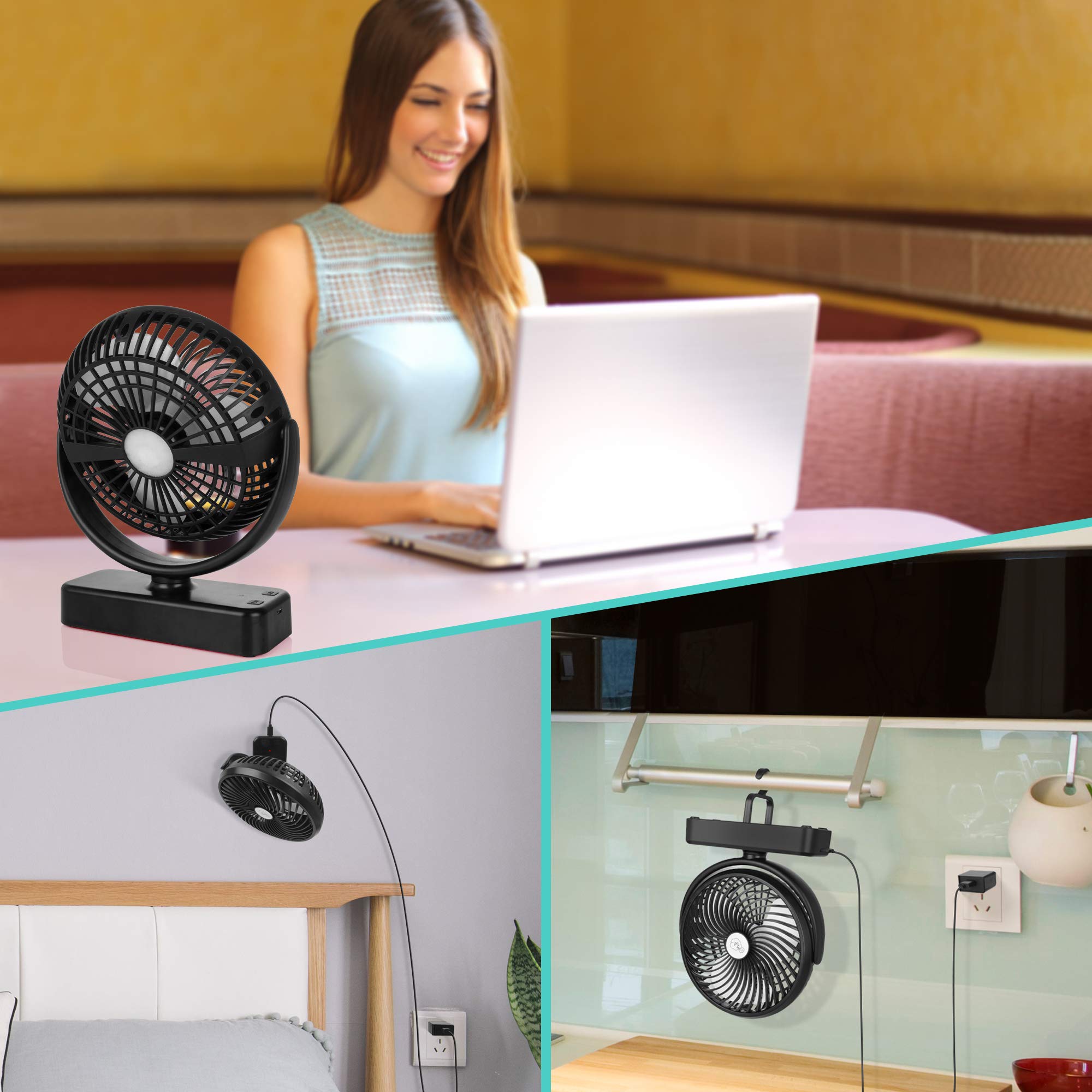 7-Inch Desk Fan, USB Operated Desktop Fan With 3 Speeds, Hanging Hook, LED Lantern, Table Cooling Fan for Home Office and More
