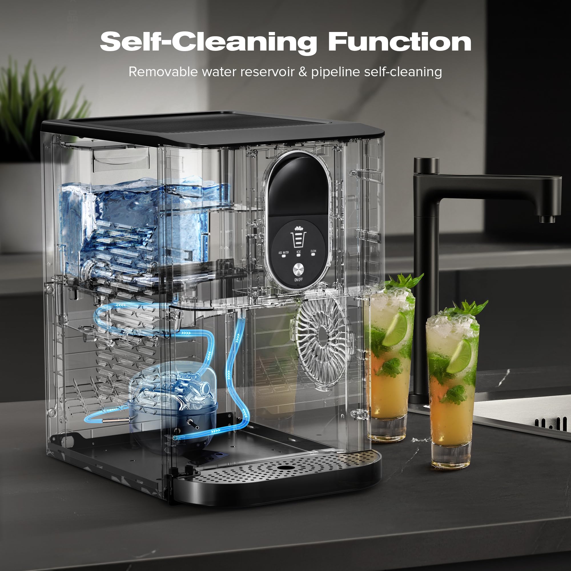 Nugget Ice Makers Countertop, Pebble Ice Maker Machine with Self-Cleaning, 50lbs/24H, Stainless Steel Housing, Pellet Ice Maker with 2.5qt Water Reservoir, Crushed Ice Maker for Home & Kitchen(Black)