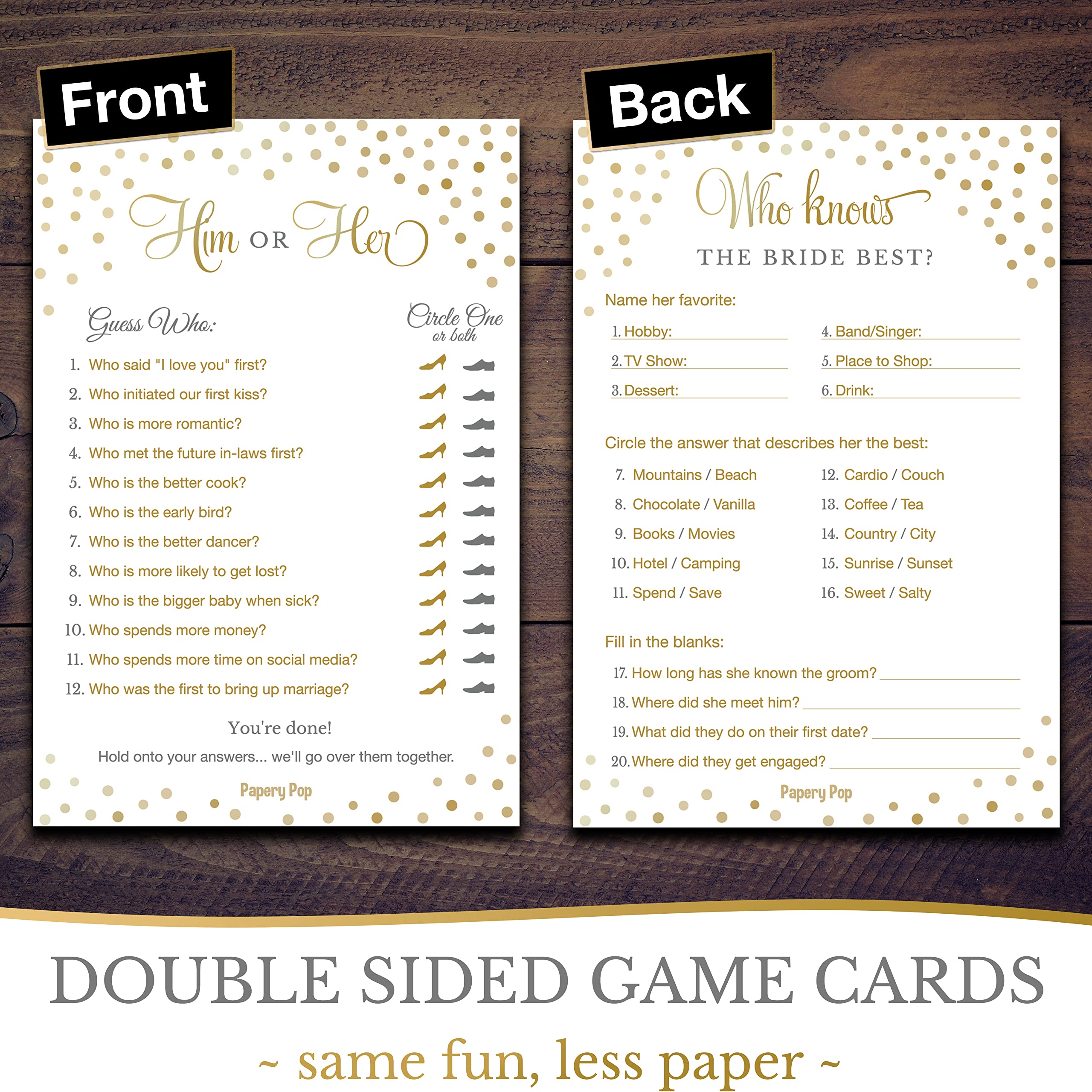 Bridal Shower Games - 5 Activities for 50 Guests - Double Sided Games - Gold Polka Dots
