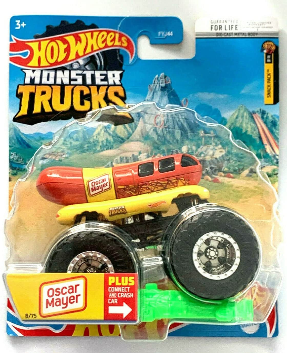 DieCast Hot Wheels Monster Trucks Oscar Mayer Hot Dog, 1:64 Scale Truck 8/75 Plus Connect and Crash car
