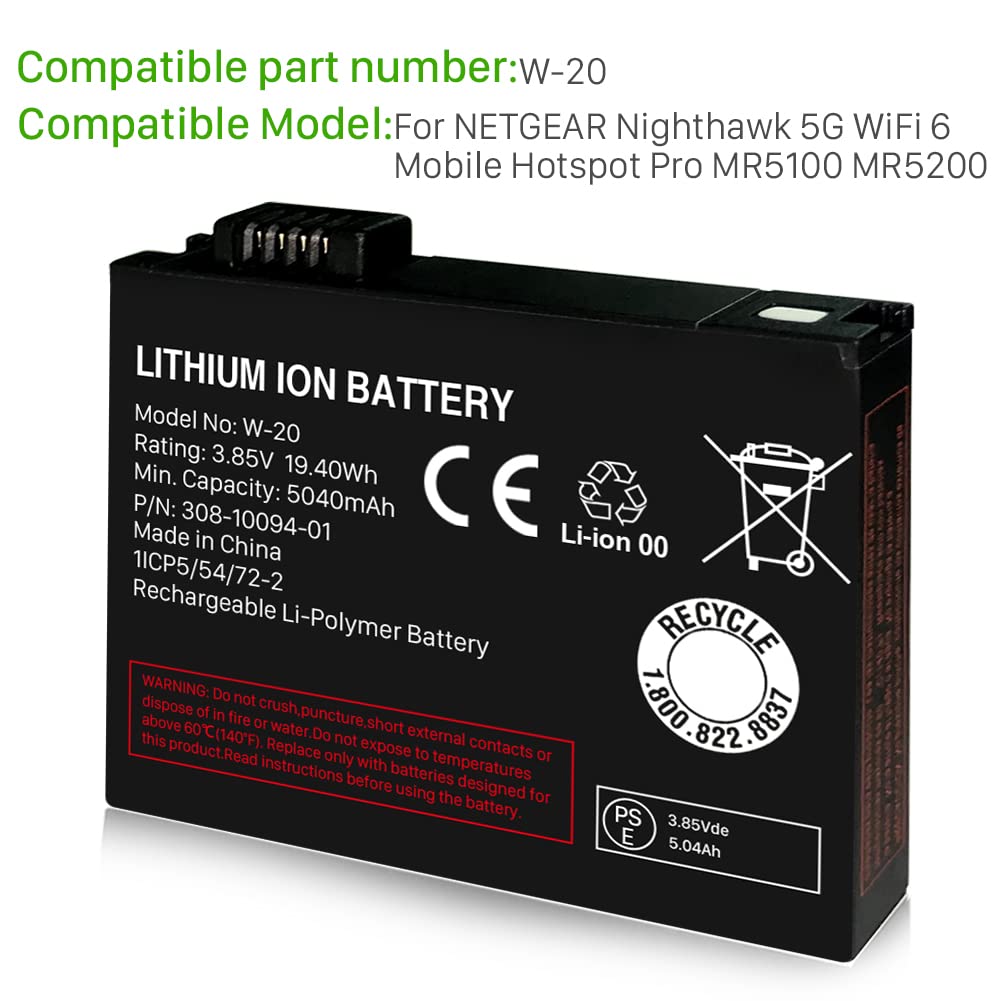 SHENMZ W-20 Battery for NETGEAR Nighthawk 5G WiFi 6 Mobile Hotspot Pro by AT&T W-20 MR5100 MR5200, MR5200-100EUS Higher Capacity Replacement Battery
