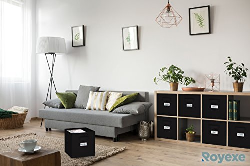 Royexe Item Container 11 Inch Storage Cubes (Set Of 8) Storage Baskets, Features Dual Handles & 10 Label Window Cards, Foldable Fabric Closet Shelf Organizer, Drawer Organizers, Linen, Black