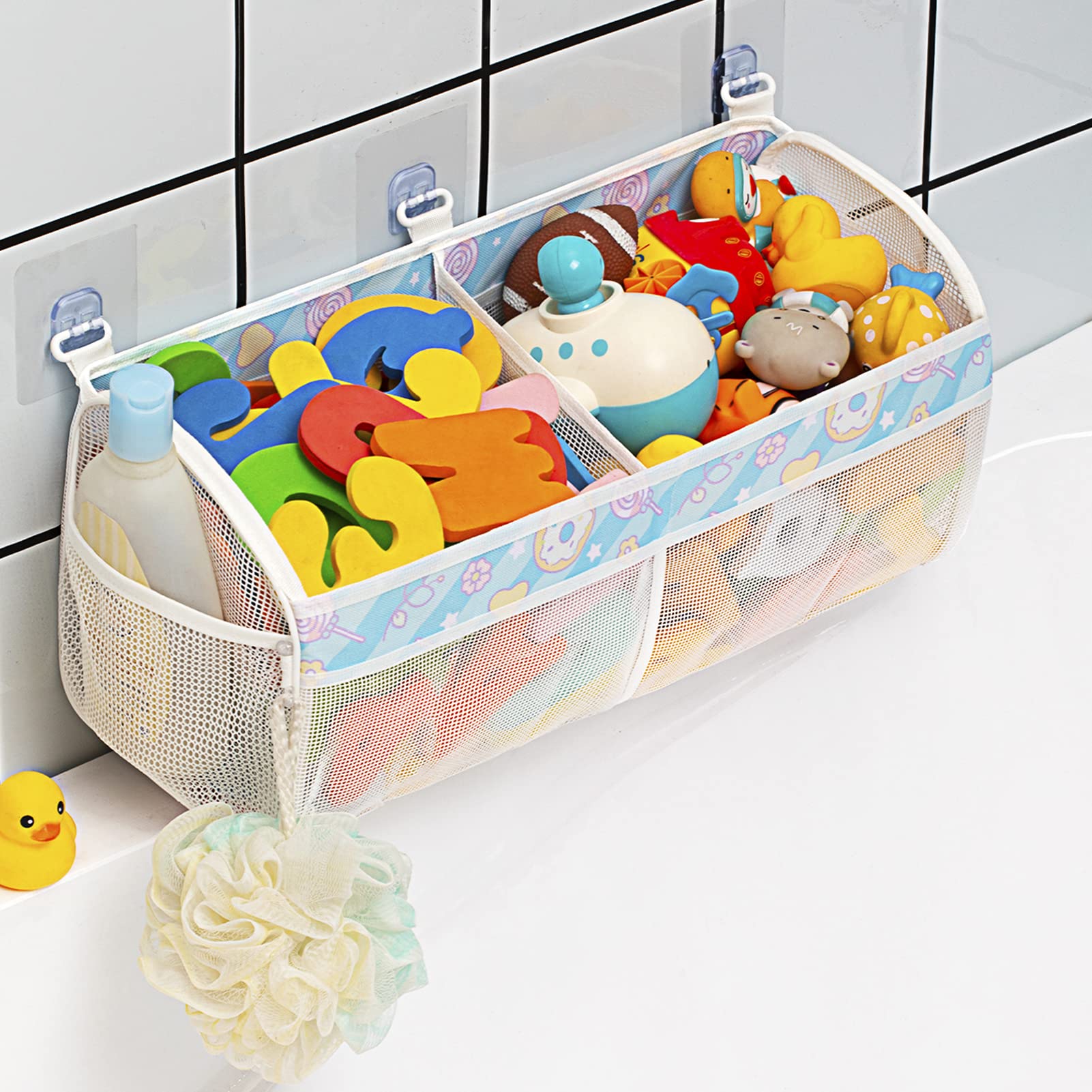 Austion Mesh Bath Toy Storage for Tub - Sorting Baby Toys Bath Tub Toy Holder - Extra Large Capacity Bath Toy Organizer with Large Openings, Quick-Drying and Breathable (Blue)
