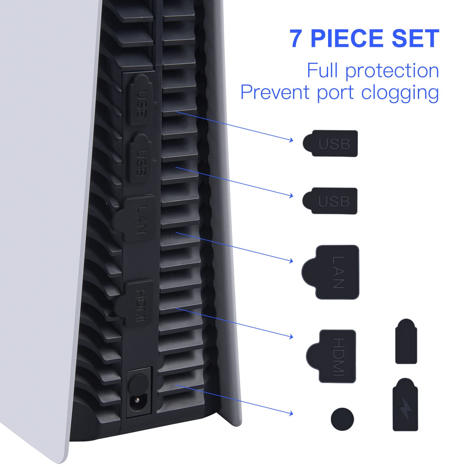 7PCS PS5 Silicone Anti Dust Plugs Set, USB HDMI LAN Type-C Interface Dustproof Cap for Sony Playstation 5 Host, Playstation 5 Console Anti-Scratch Anti-Fall Protector