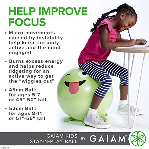 Gaiam Kids Stay-N-Play Children's Balance Ball - Flexible School Chair Active Classroom Desk Alternative Seating | Built-In Stay-Put Soft Stability Legs, Includes Air Pump, 52cm, Grey