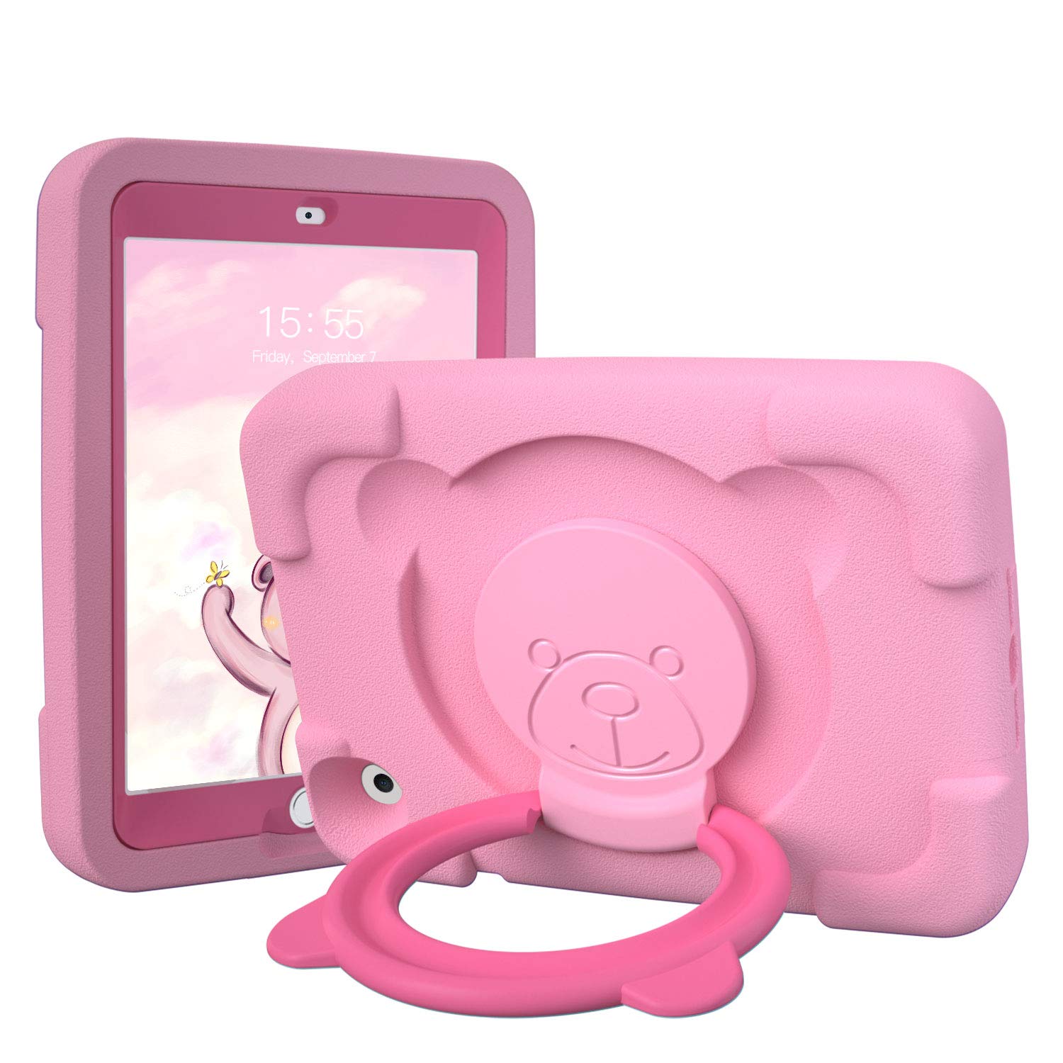 PZOZ Kids Case Compatible for Apple iPad Mini 4 5 7.9 inch, EVA Shockproof Rotate Handle Folding Stand Heavy Duty Protective Cute Boys Girls Cover for 4th Gen 5th Generation (Pink)