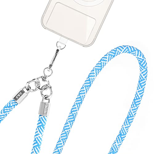 Cell Phone Lanyard Around the Neck, Crossbody Phone Strap with Ring Grip and Transparent Pad for Most Smartphones ID Badges Bagpack Keychain Camera Walking Hiking (BlueWhite, Long)