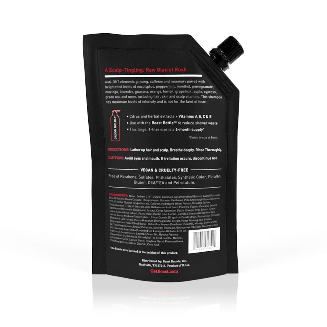 Beast Tingle Shampoo 1L (33.8 fl oz) Pouch + Reusable Durable Aluminum Bottle Shower & Travel Set (1L & 2oz travel size)