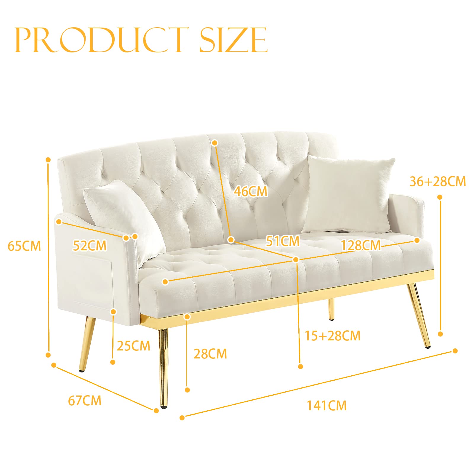 Antetek Upholstered Velvet Loveseat Sofa, Modern Small Sofa Couch with Side Pocket and Golden Metal Legs, Tufted Leisure Sofa for Living Room, Bedroom, Office, Small Space, Light Beige