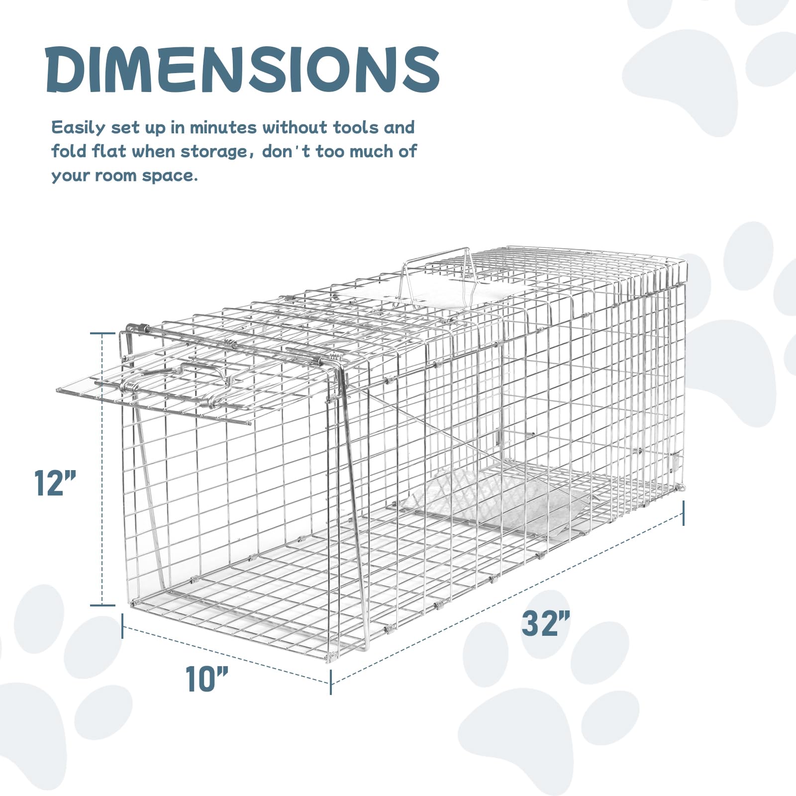 Animal Trap 32"x10"x12" Cage Trap, Heavy Duty Folding Raccoon Traps, Humane Cat Trap for Stray Cats,Rabbits,Squirrels,Outdoor Small Animal Trap,Humane Catch & Release