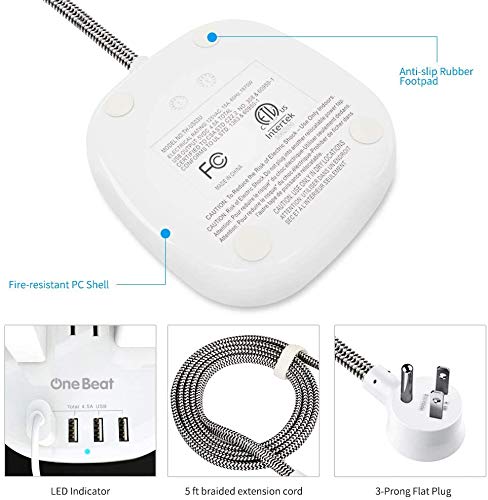 Cruise Power Strip 3 Outlets 4 USB Ports, Flat Plug, 5 Ft Extension Cord Non Surge Portector