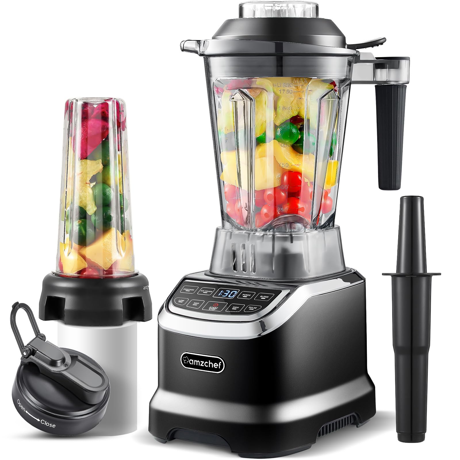 Amzchef 5-IN-1 Professional Blender for Kitchen, 1800 Peak Watts, 5 Functions for Shakes and Smoothies, Puree, Crush Ice & Hearty Soups with 8 Speeds & Pulse, 63 oz. Pitcher, Grey