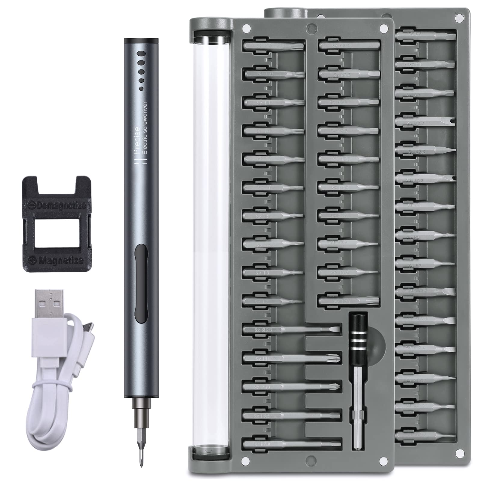 AMIR Mini Electric Screwdriver, 57 in 1 Rechargeable Power Screwdriver Set Magnetic Repair Tool Kit with 3 LEDs & USB Cable for Phone, Watches, Toys, Laptops, Camera