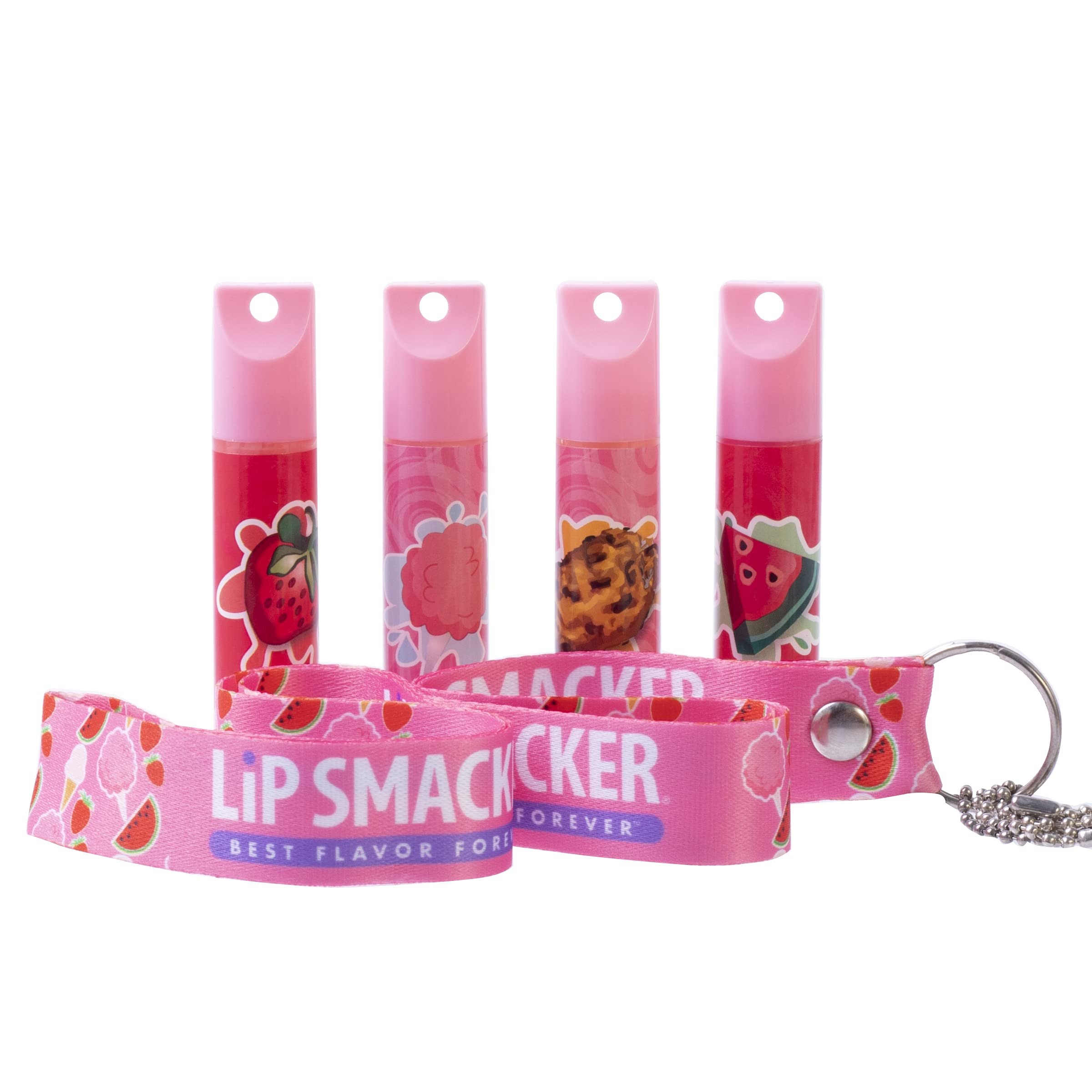 Lip Smacker Flavored Lip Balm & Pink Lanyard Set | Strawberry, Cotton Candy, Watermelon, Oatmeal Cookie Flavors | For Kids | Stocking Stuffer | Christmas Gift | Set of 4