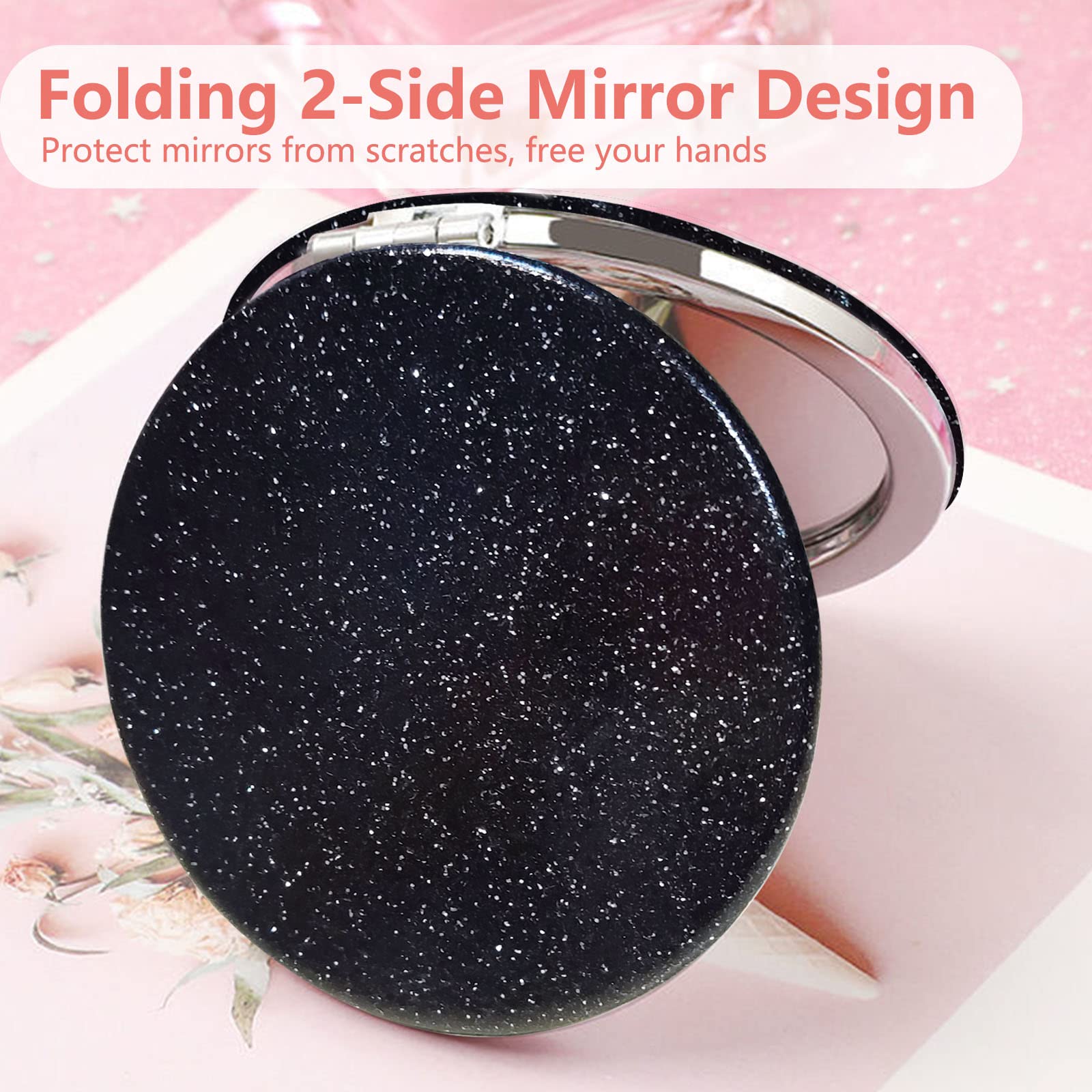Acedada Pocket Mirror, Compact Mirror, Small Mirror for Purse with Glitter, Portable Travel Makeup Mini Mirror, Folding Handheld 2-Sided 1x/2x Magnifying Compact Mirror for Women Girls - Purple