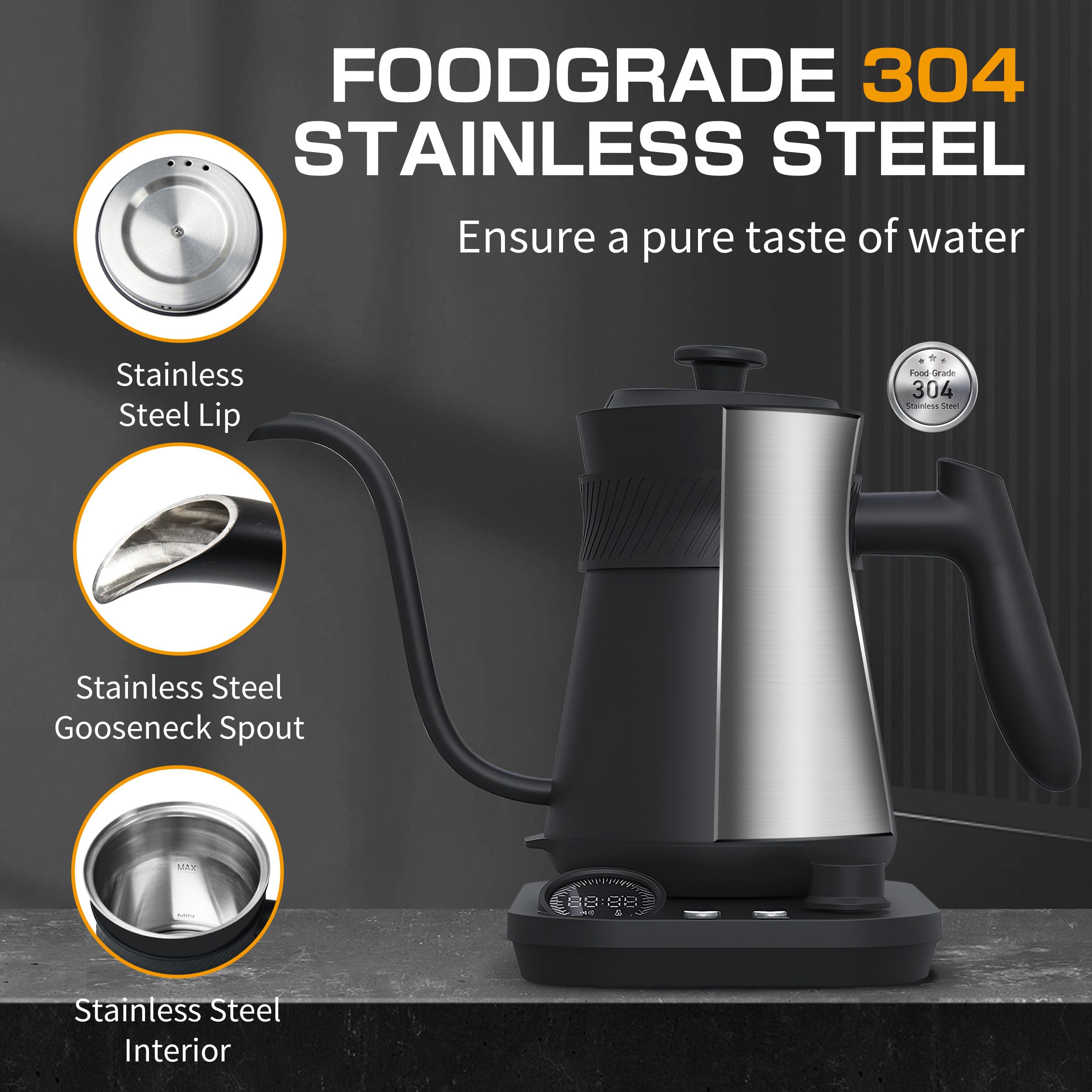 Potlimepan Electric Kettle, 0.8L Temperature Control Electric Kettle with LED Screen, 1200W Quick Heating Gooseneck Pour Kettle with Stainless Steel Interior, Smart Kettle for Coffee & Tea, Black