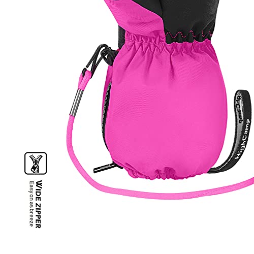 HIGHCAMP Kids Ski Mittens Waterproof Winter Snow Gloves with Zipper and String on Long Cuff for Toddler Boys Girls -Rosa,M (6-8 Y)