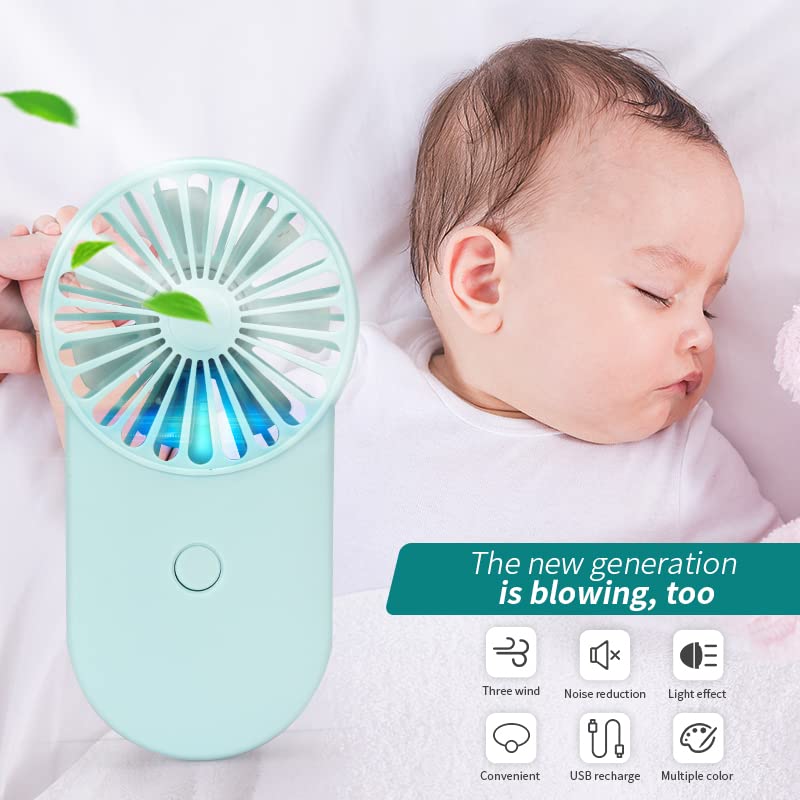 Dilexus Personal Fan Green Mini Handheld Fan,USB Recharge,Colorful LED,Small Portable Hand Fan with 3 Speed Modes - Ideal for Travel, Camping, Hiking and Office Use