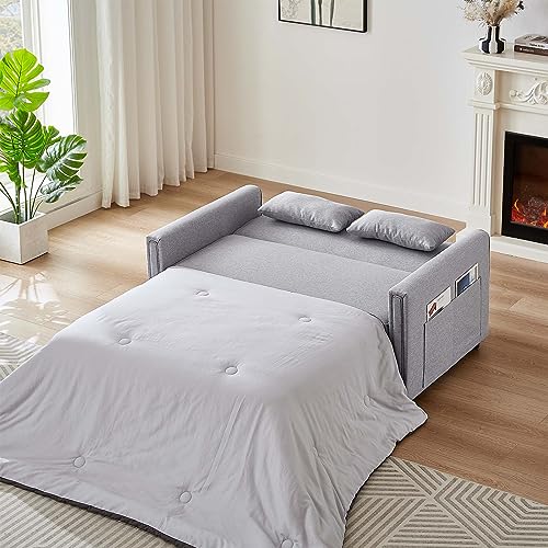 Antetek Sleeper Sofa Couch Bed, 54" Modern Linen 3 in 1 Convertible Loveseat Sleeper with Pullout Bed, Small Love seat Futon Sofa w/Adjustable Backrest for Living Room Bedroom, Light Grey