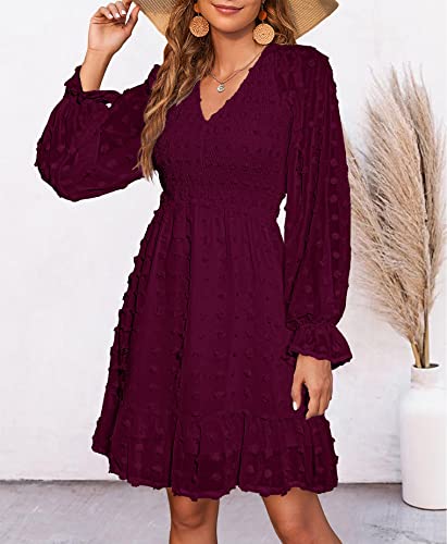 BTFBM Women Long Sleeve V Neck Smocked Short Dress Flowy Casual SwissDot Ruffle Mini Babydoll Summer Fall Dresses 2023(Solid Wine Red, Large)
