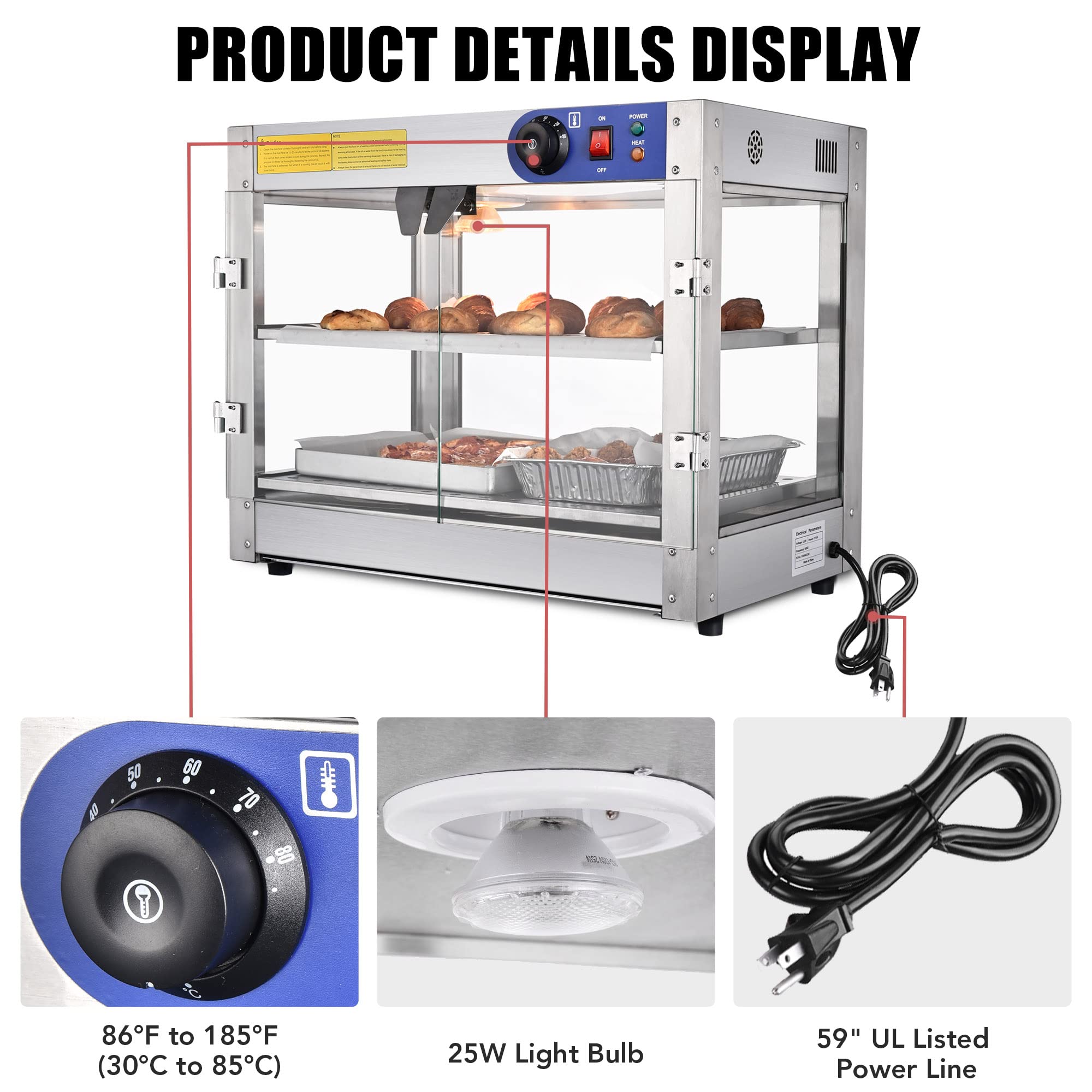 WeChef 2-Tier Commercial Pizza Warmer Countertop Display Case 24x15x20 inch 750W Pastry Heater Display Case for Bakeries Convenience Stores