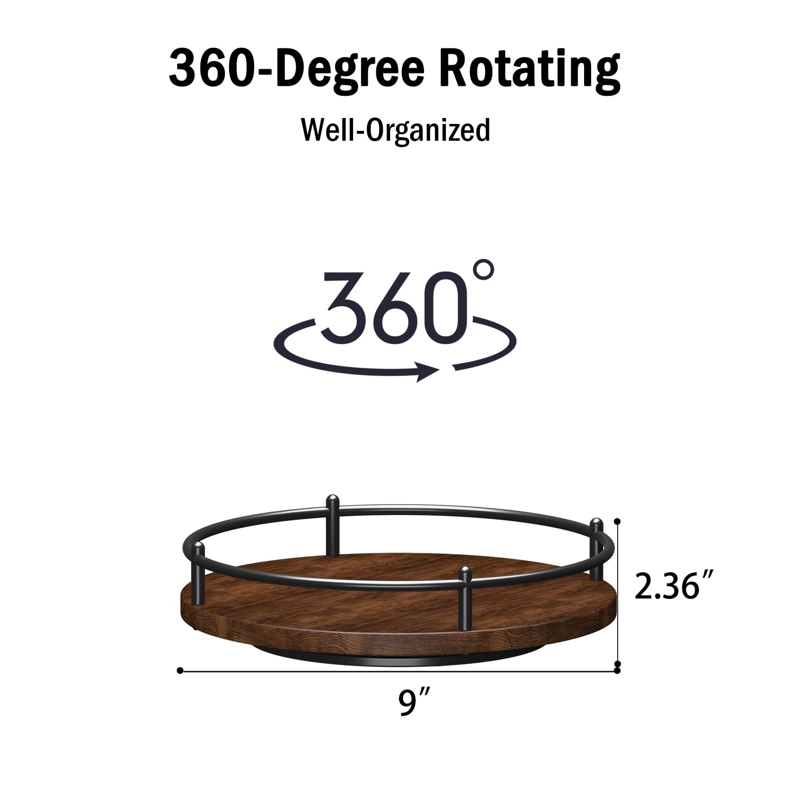 KOKSTOP Lazy Susan Organizer:9 Inch Rotating Spice Rack for Kitchen Countertop Round Wooden Turntable Holder for Cabinet, Dining Table, Cupboard Storage – Black
