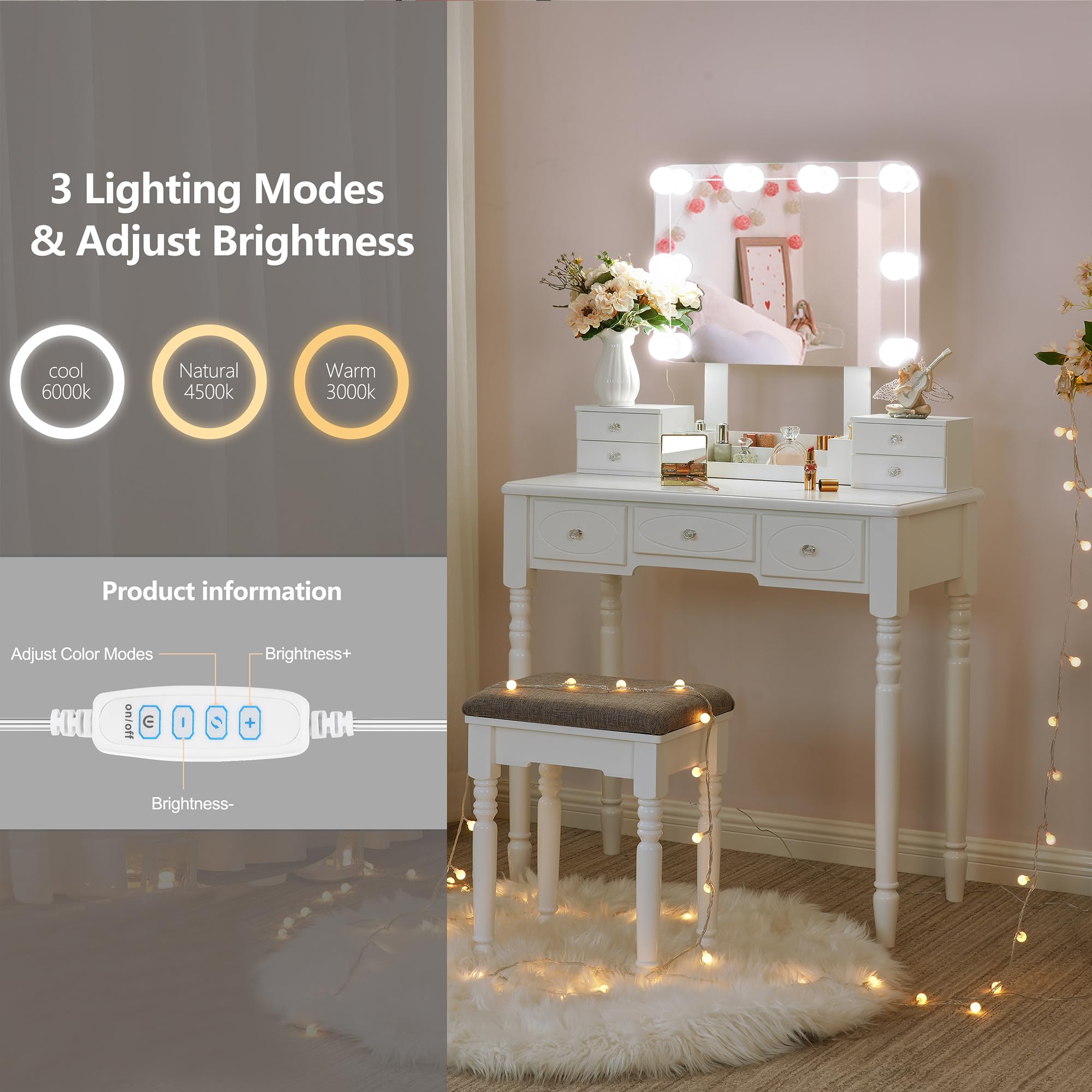 ANWBROAD Makeup Vanity Desk Vanity Set with Lighted Mirror Makeup Vanity Desk Table Set Large 8 LED Bulbs Frameless Mirror 3 Colors Modes Dimming 7 Drawers Cushioned Stool 3 Dividers White UBDT03W