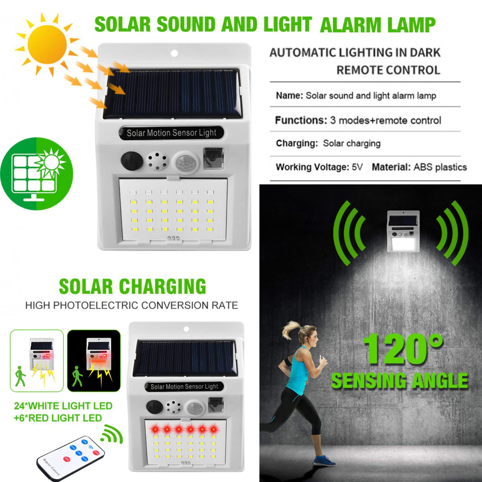 AMZSTAR Solar Motion Sensor Security Lights Wall Lights with Remote Solar Sound Alarm Strobe Light,3 Modes Waterproof Solar Alarm Lights Outdoor Solar Lamp for Farm,Barn,Villa,Yard,Garden (2pcs)