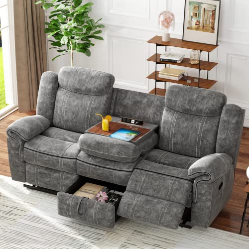 Acme Furniture Zubaida 41" x 87" Modern Velvet Reclining Sofa with USB Dock, 1 Storage Drawer, Tight Back & Seat Cushion, in 2-Tone Gray Finish