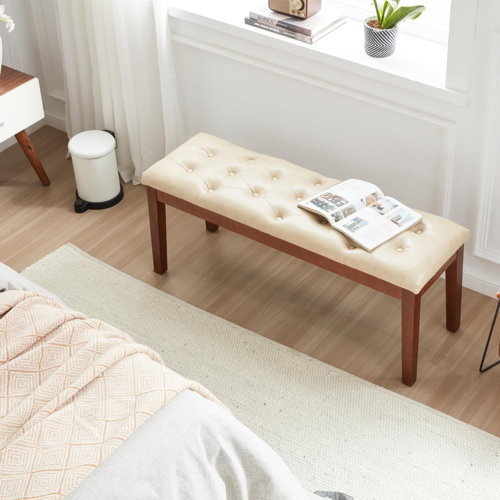 MILCIL Ottoman Bench Upholstered Padded Seat with Solid Wood Legs and Button-Tufted, Faux Leather Ivory