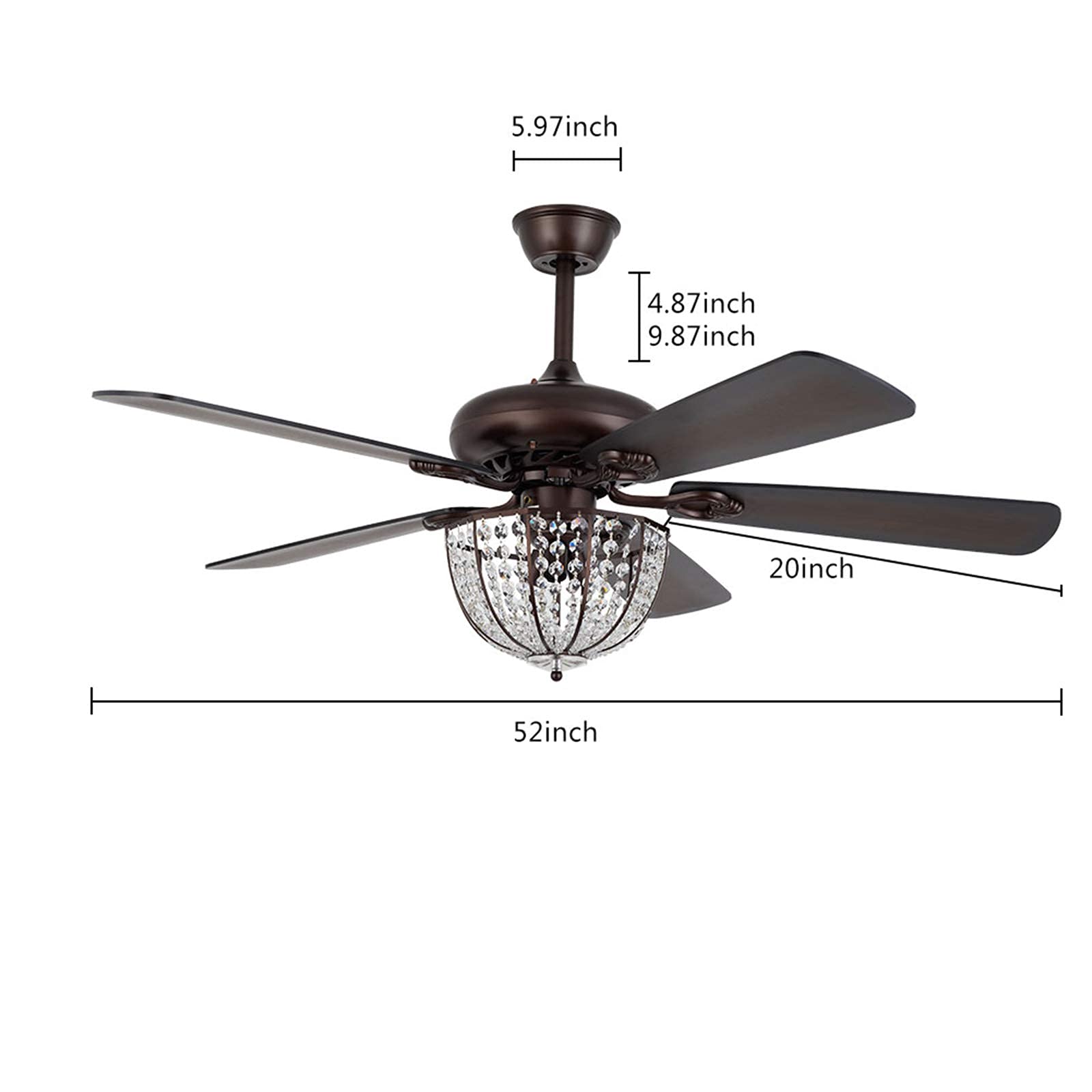 52-inch Ceiling Fan Light Fixture Chandelier Bronze with Remote Control Reverse Wood Fan Blade 3-Light for Home/Living Room Bedroom Home