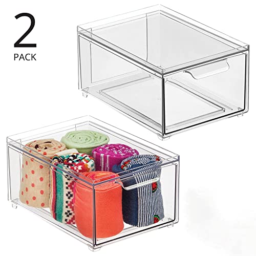 mDesign Stackable Storage Containers Box with 2 Pull-Out Drawers - Stacking Plastic Drawer Bins for Closet Organization, Linen, Coat, Bedroom or Entryway Closets - Lumiere Collection - 2 Pack - Clear