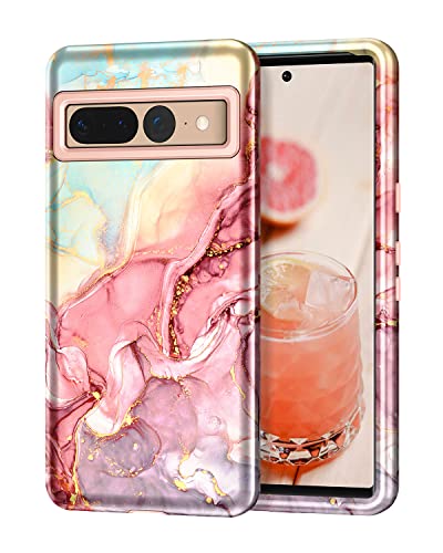 Btscase Case, Marble Pattern 3 in 1 Heavy Duty Shockproof Full Body Rugged Hard PC+Soft Silicone Drop Protective Women Girl Covers for Google Pixel 7 Pro (2022), Rose Gold