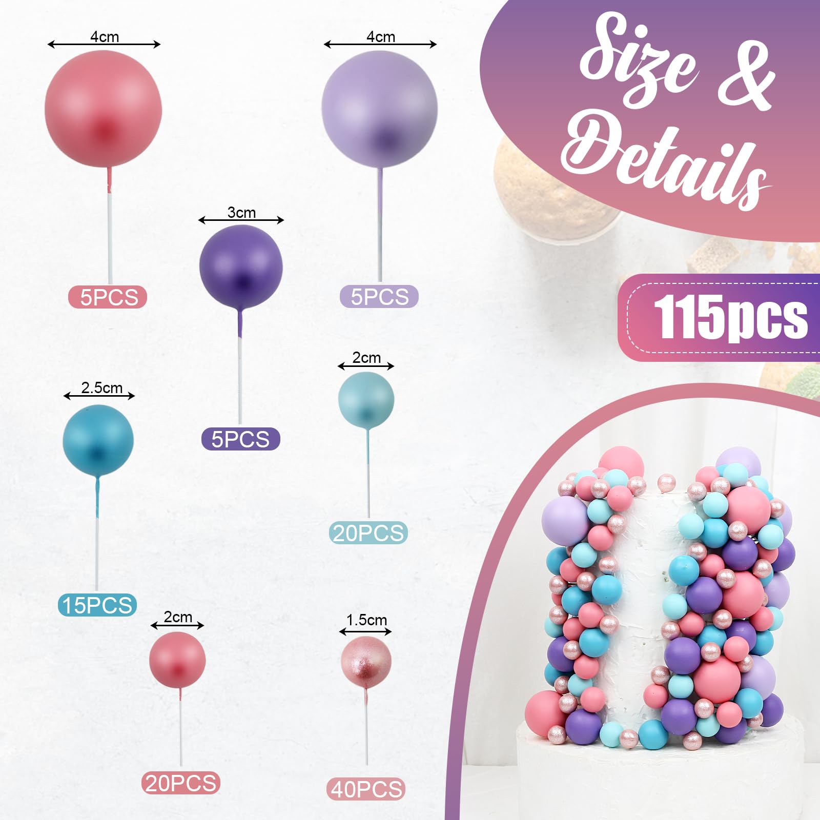 Acmee 115 PCS Ball Cake Toppers - Mini Balloon Cake Decorations Foam Ball Cupcake Picks DIY Cake Insert Toppers for Birthday Party Wedding Baby Shower - Pink Purple Blue