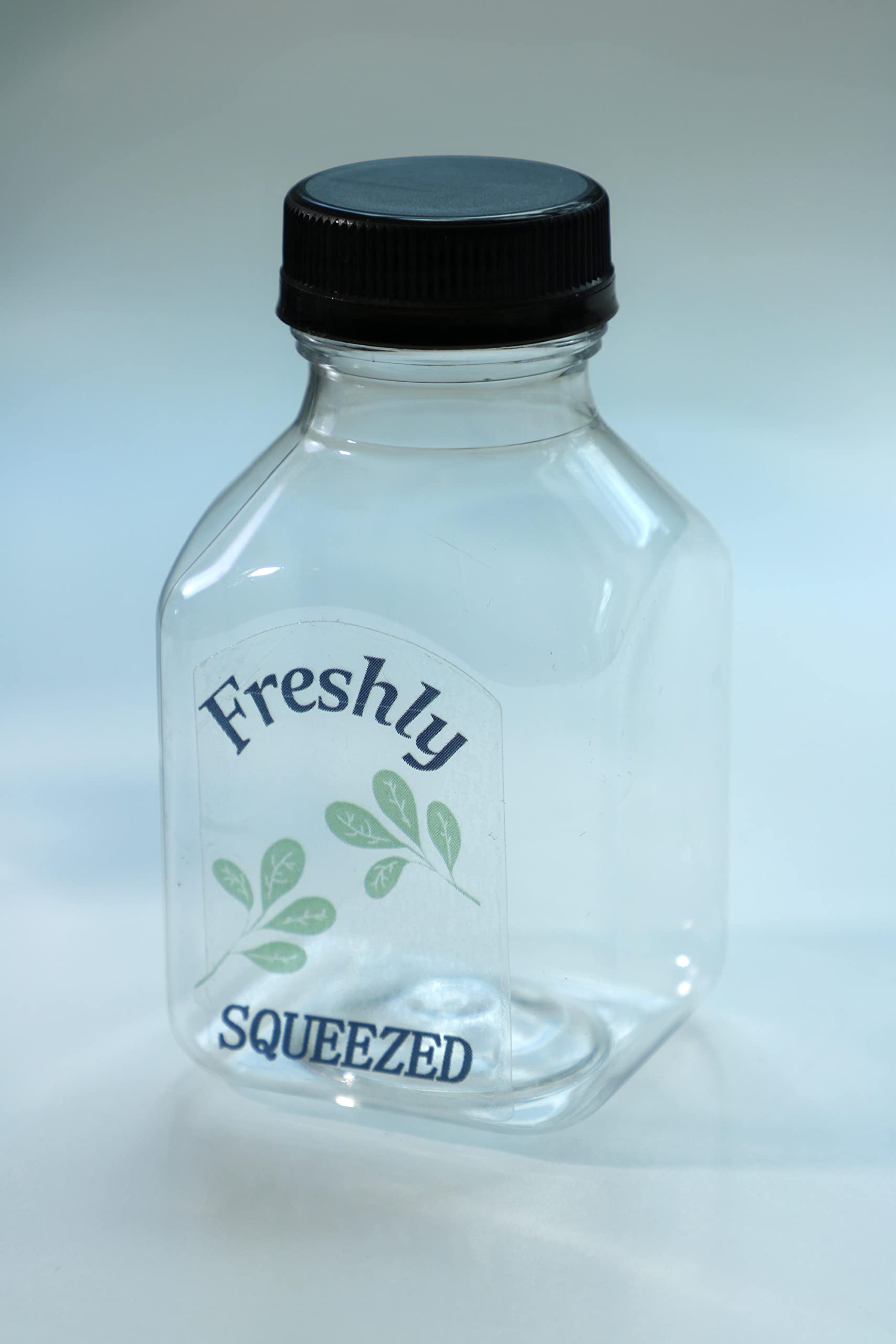 8 fl. oz. Square Juice Bottles w/ Tamper-Evident Caps (black) | 6 Pack | Reusable Clear Plastic Bottles for Juicing, Smoothies, Milk, Water, and other Beverages. Fruit Stickers included for labelling.