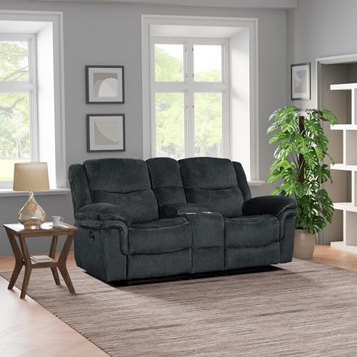 FULife Oversized Manual Motion Recliner 2 Seaters Sofa Wall Hugger Chair Double Reclining Sectional Couch Loveseat Lounge Sofá with USB Ports,Power Sockets,Center Storage Console&Cup Holders