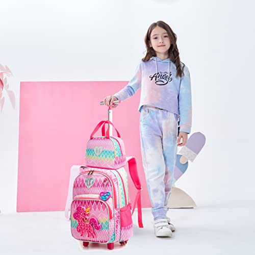 Meetbelify Cute Unicorn Rolling Backpack for Girls Backpacks with Wheels for Elementary Kids Pink Suitcase Set Travel Laptop Luggage for Girls Age 6-8