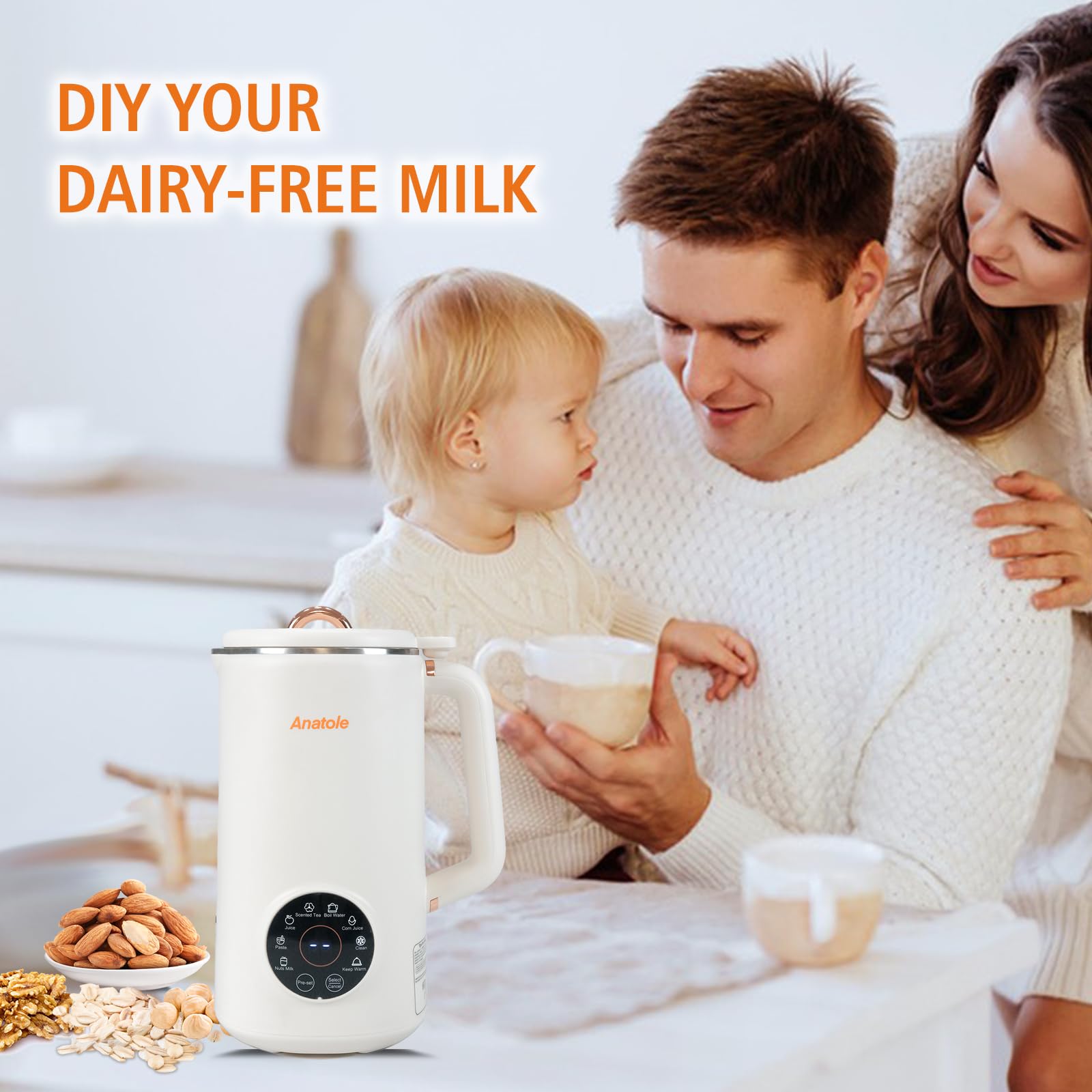 Anatole Nut Milk Maker 24oz 700ml Almond Milk Machine 8-In-1 Multifunctional Soy Oat Plant-Based Milk Blender Homemade Dairy-Free Juice Paste with 10 Stainless Steel Blades 12 Hours Timer Recipes
