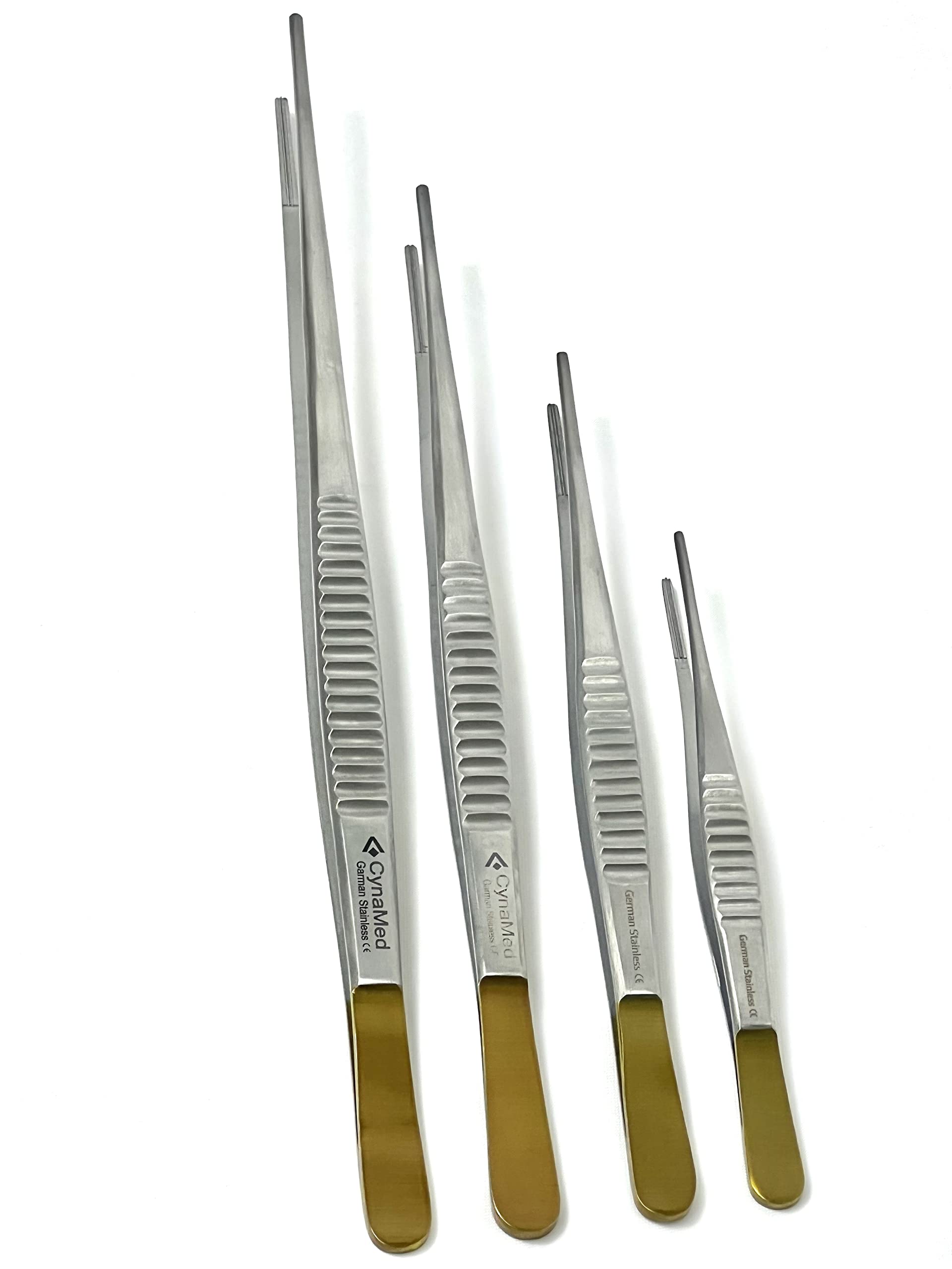 German Set of 4 Each Debakey Forceps Serrated Narrow Tips for Atraumatic Veterinary Microscopy Dissection Comes in Gold Handle 6”+8”+10”+12”