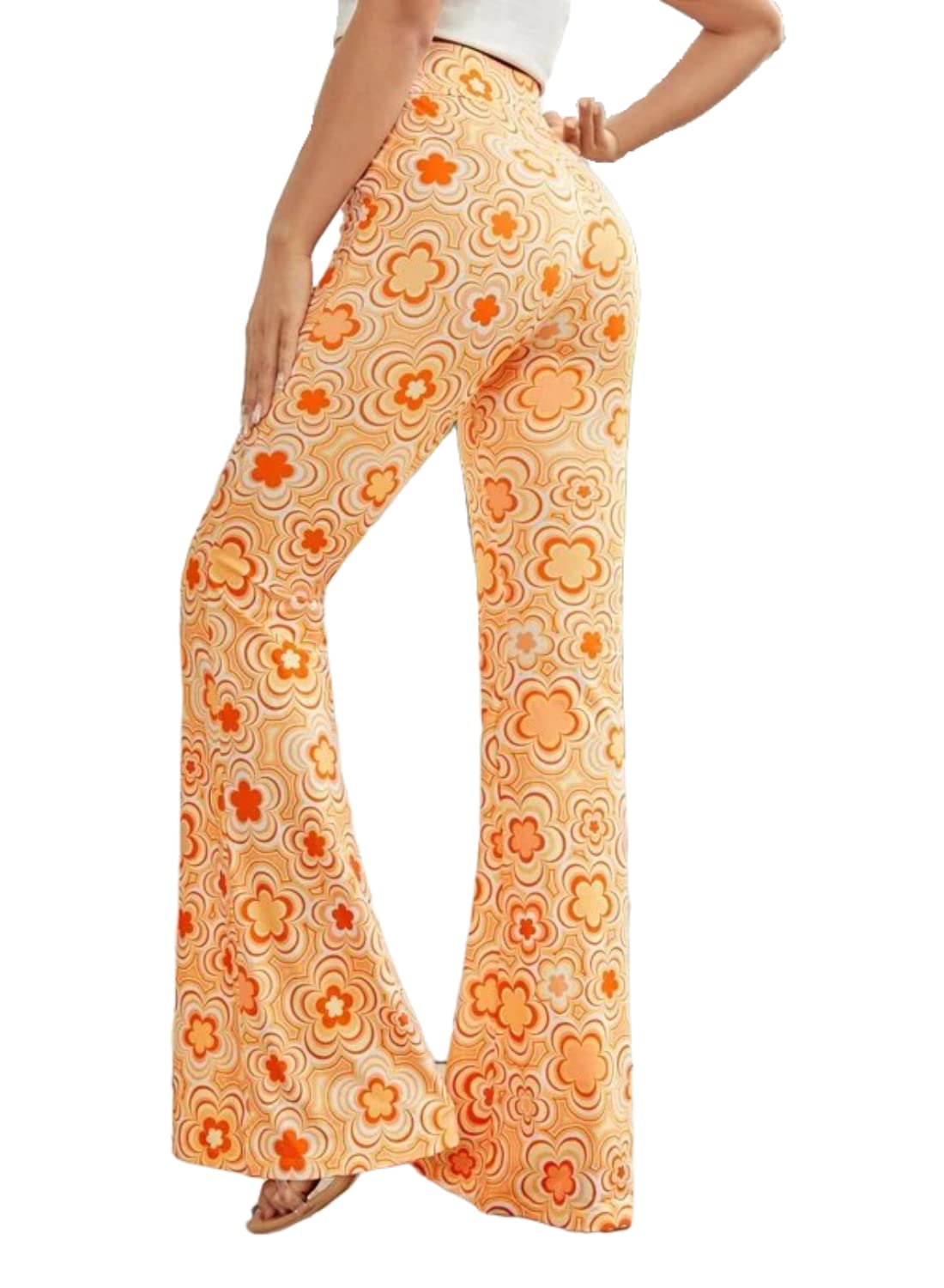 70s Flare Pants for Women - EDC Rave Festival Outfit High Waist Bell Bottom Boho Cute Groovy Disco Trousers(Orange, M, 1050e)