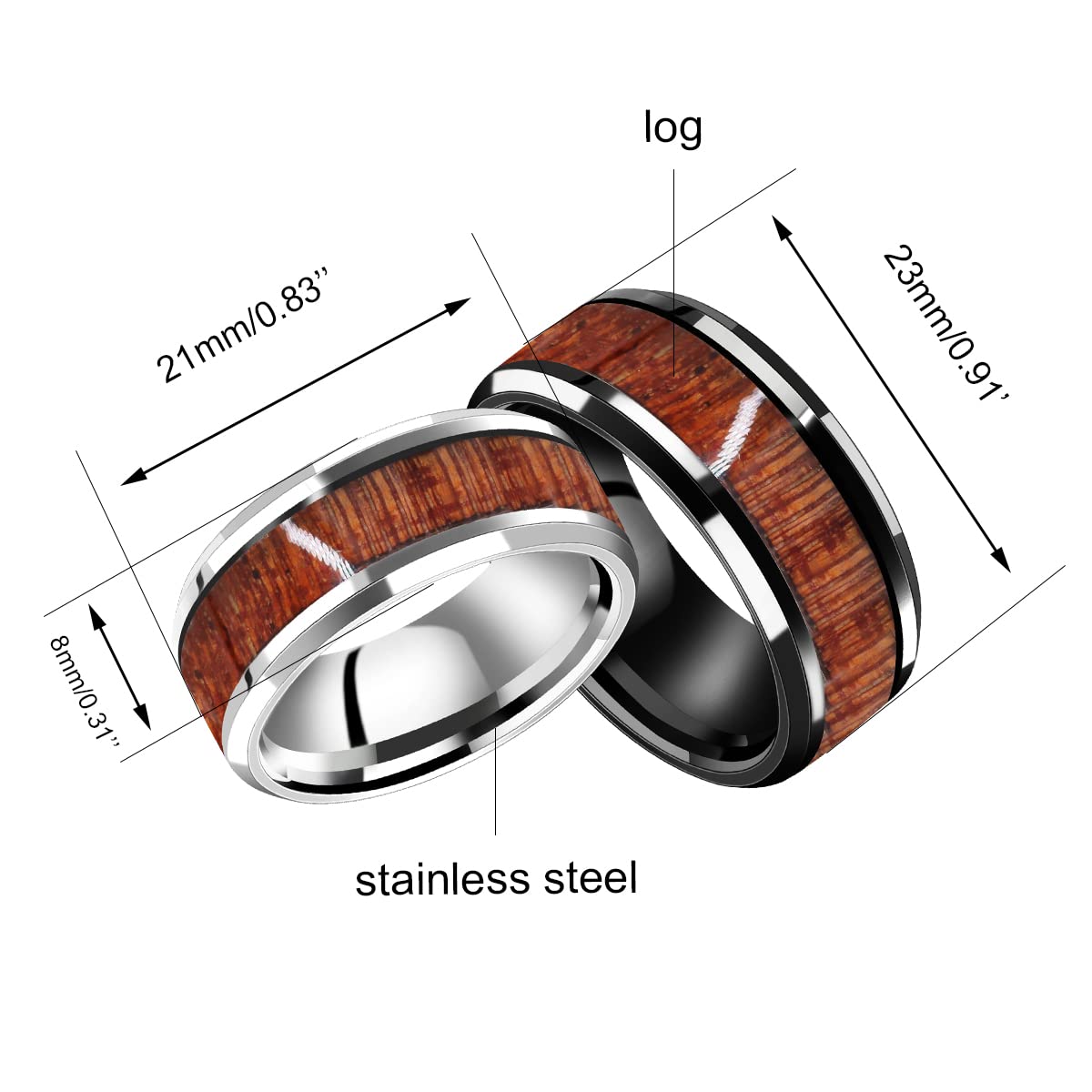 8mm Black Stainless Steel Wedding Band Inlay Wooden Promise Engagement Ring for Couples Him and Her Y1539 (Black, 9)