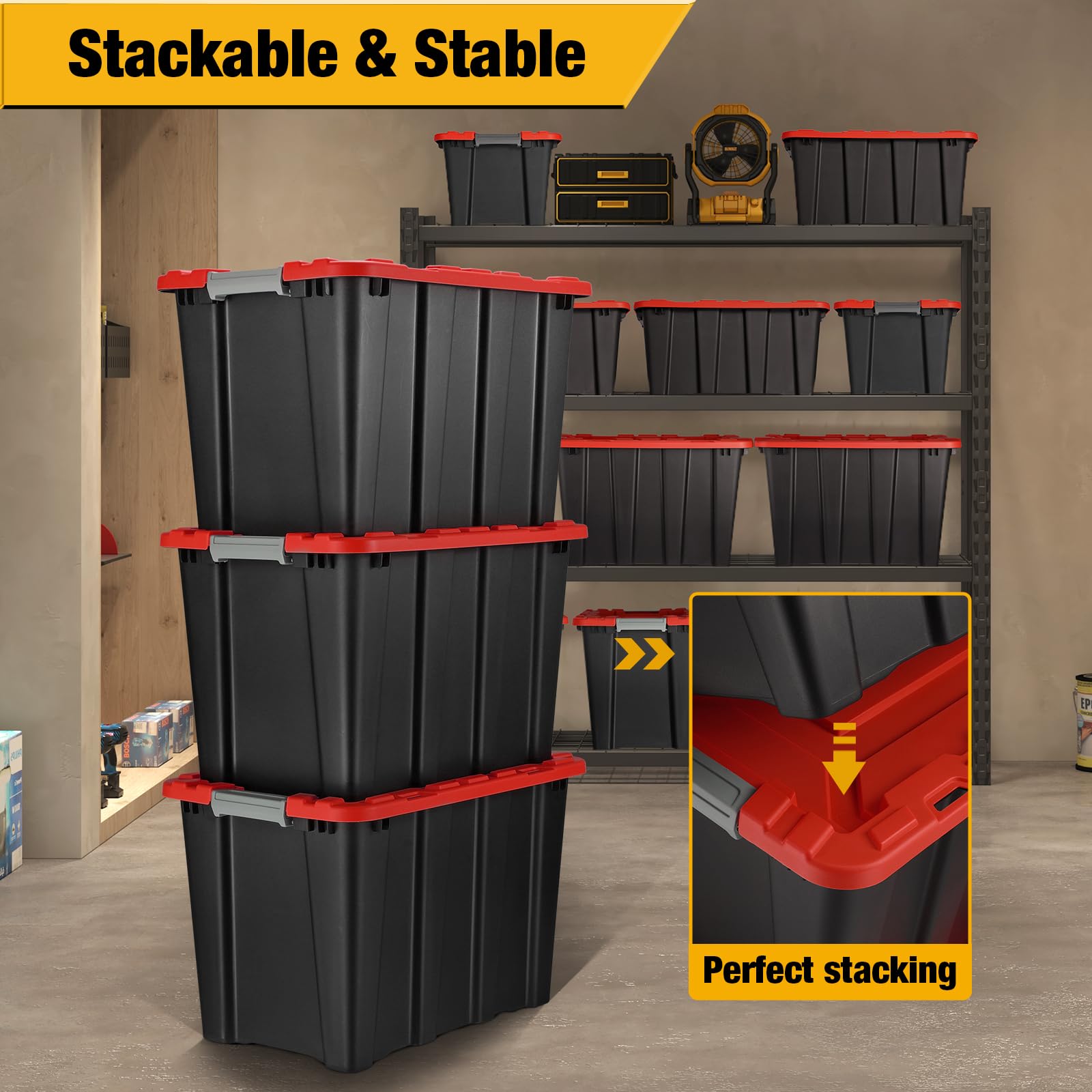 BROVIEW V12 16Gal Heavy Duty Plastic Storage Bins with Latching Lids, Stackable Tough Tote Storage Box Containers with Lock Hole & Handle for Garage Workshop Metal Rack (Black Base/Red Lid, 4Pack)